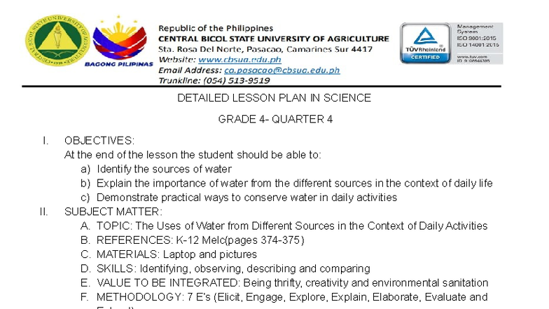 Science Grade 4 Detailed Lesson Plan: Water Sources & Conservation ...
