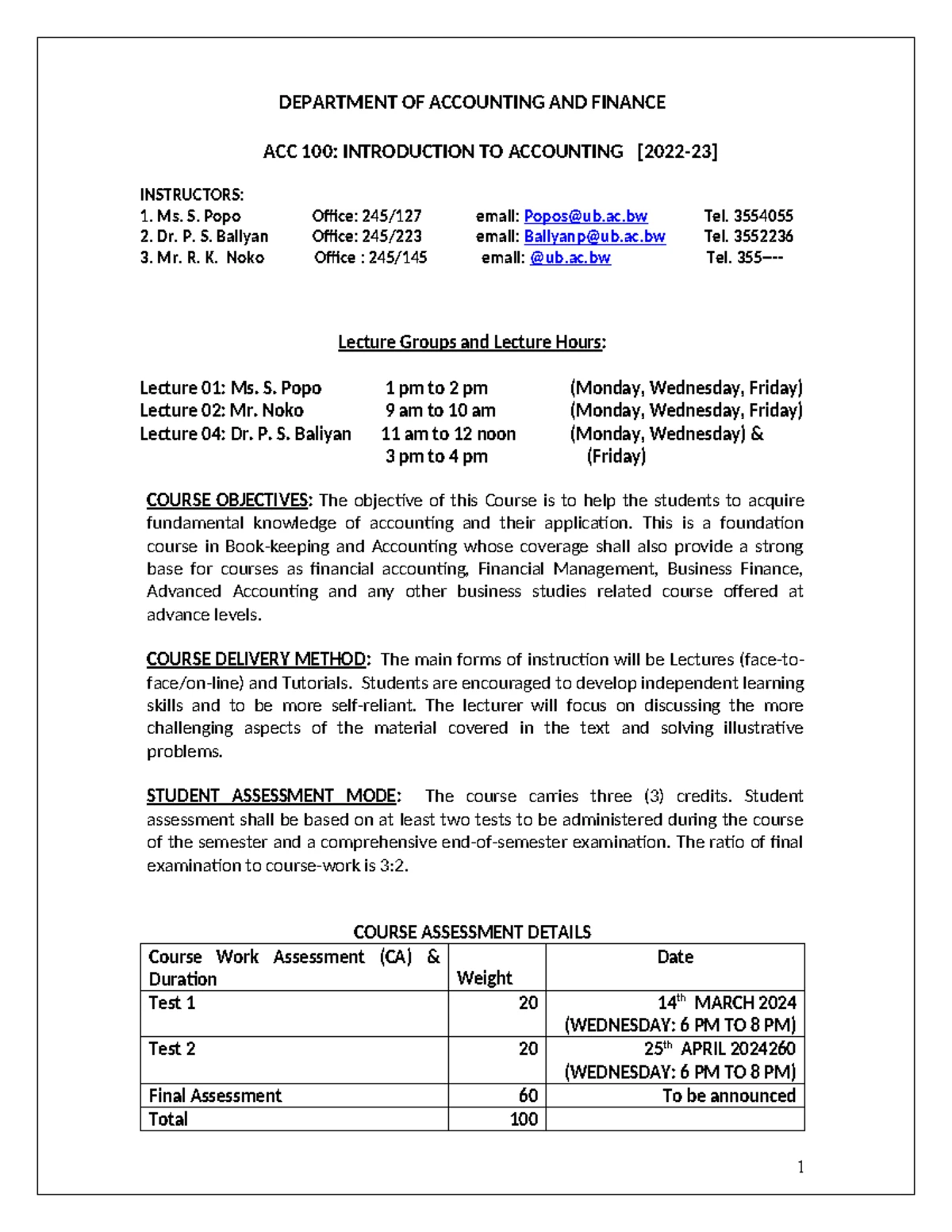 ACC 100 Course Outline & Schedule - 2024/25 - Studocu