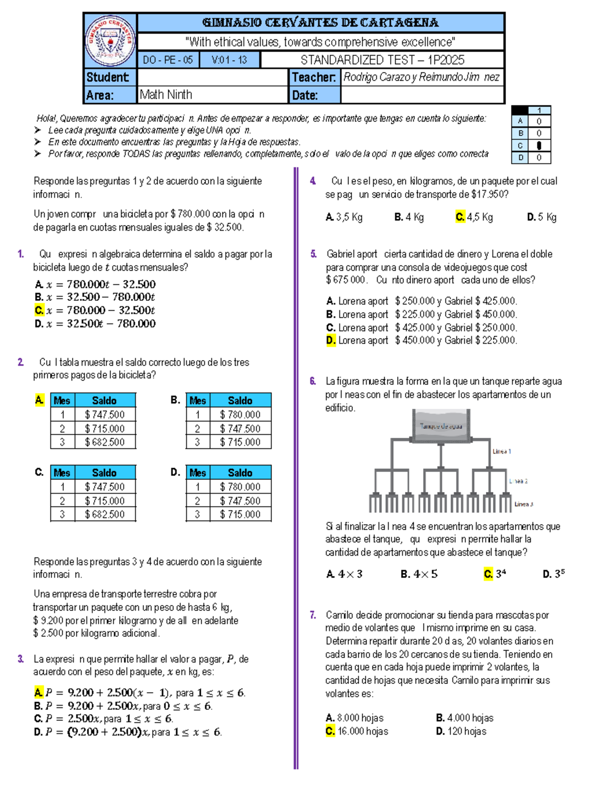 PE - Math 9° - GCC 1P2025 - Standardized Test Responses - Studocu