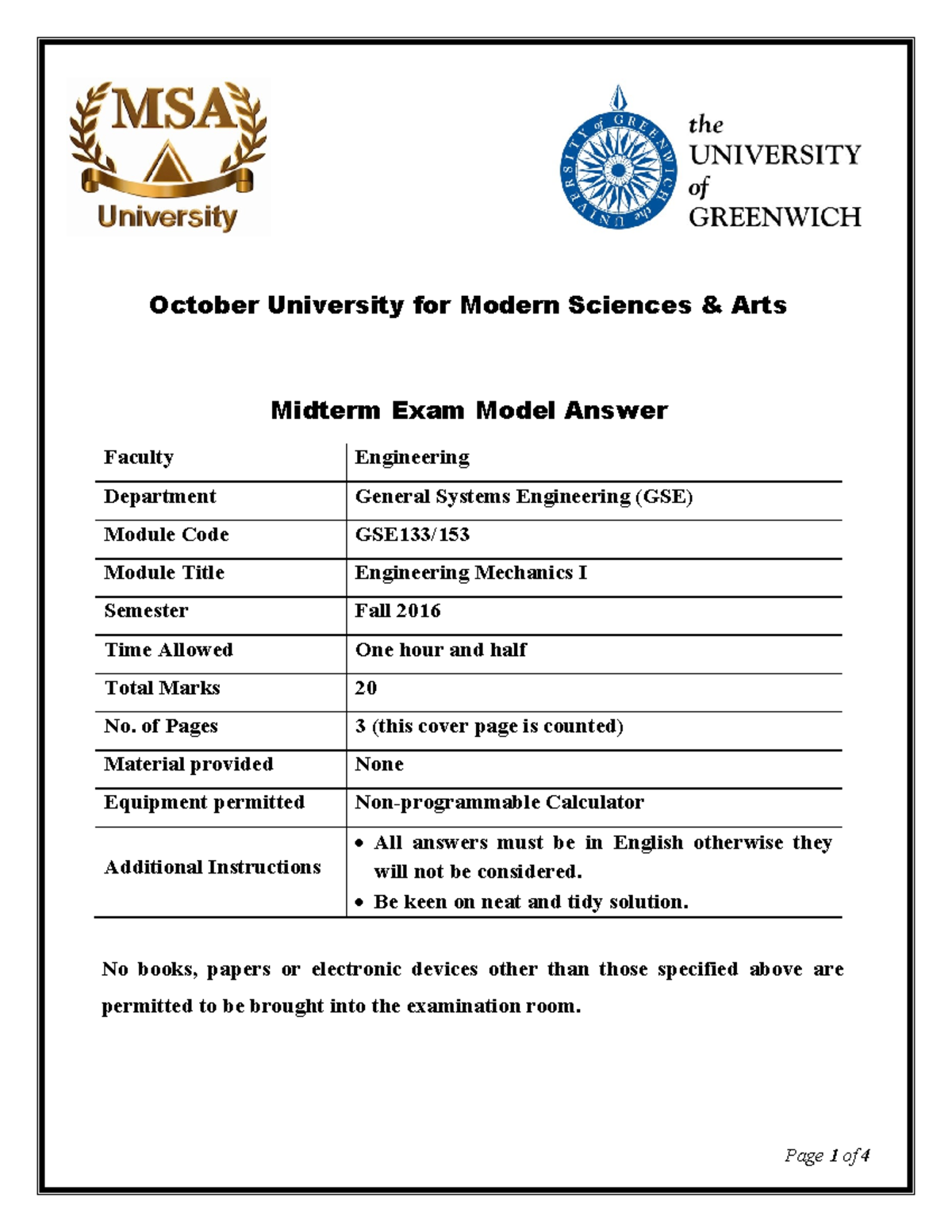 Mechanics - midterm exam - fall 2016 - October University for Modern ...
