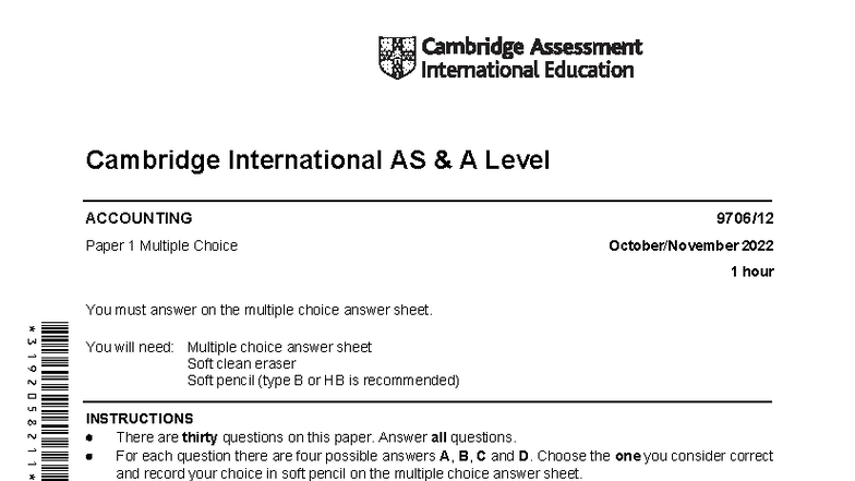 Cambridge International AS A Level Accounting 9706/12 MCQ Paper 2022 ...