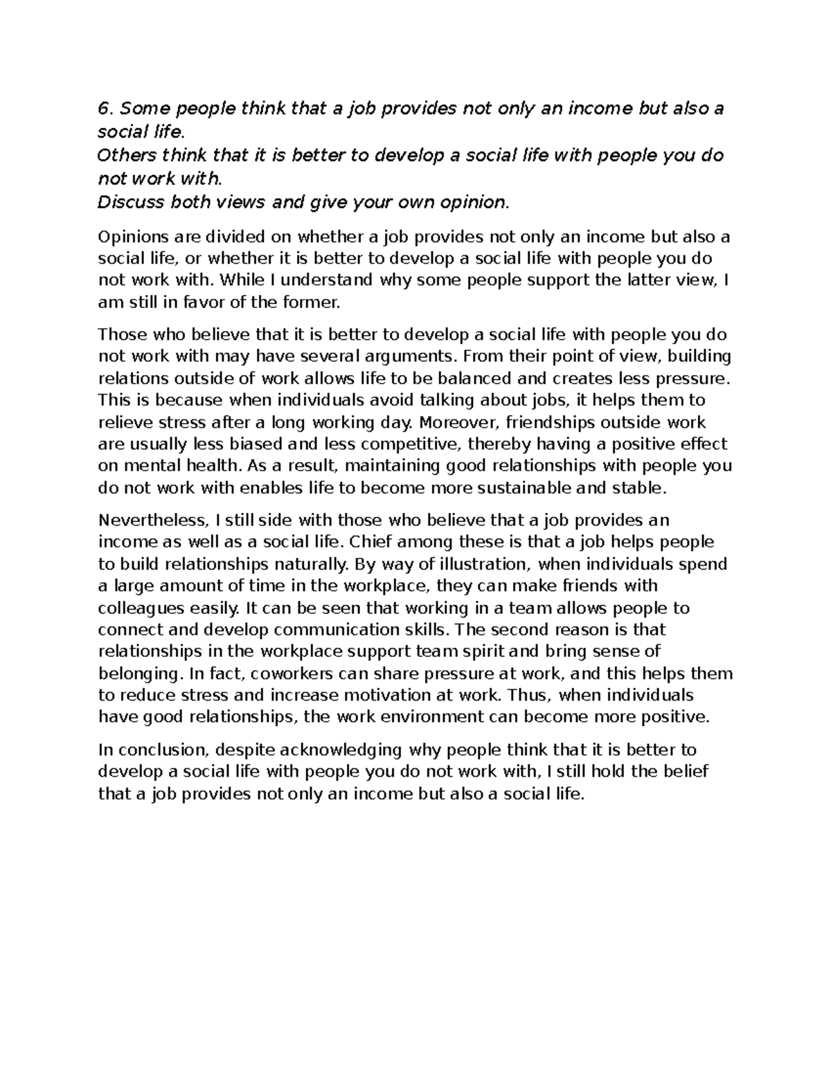 6. Essay Notes: Social Life and Work Relationships - Discussing Both ...