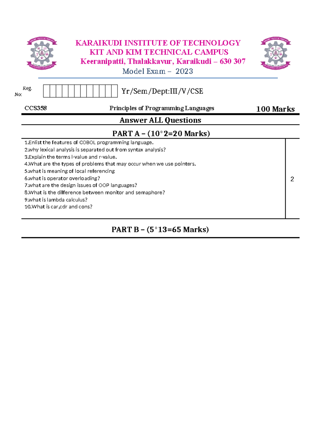 PPL CCS358 Model Exam 2023 - Principles of Programming Languages - Studocu