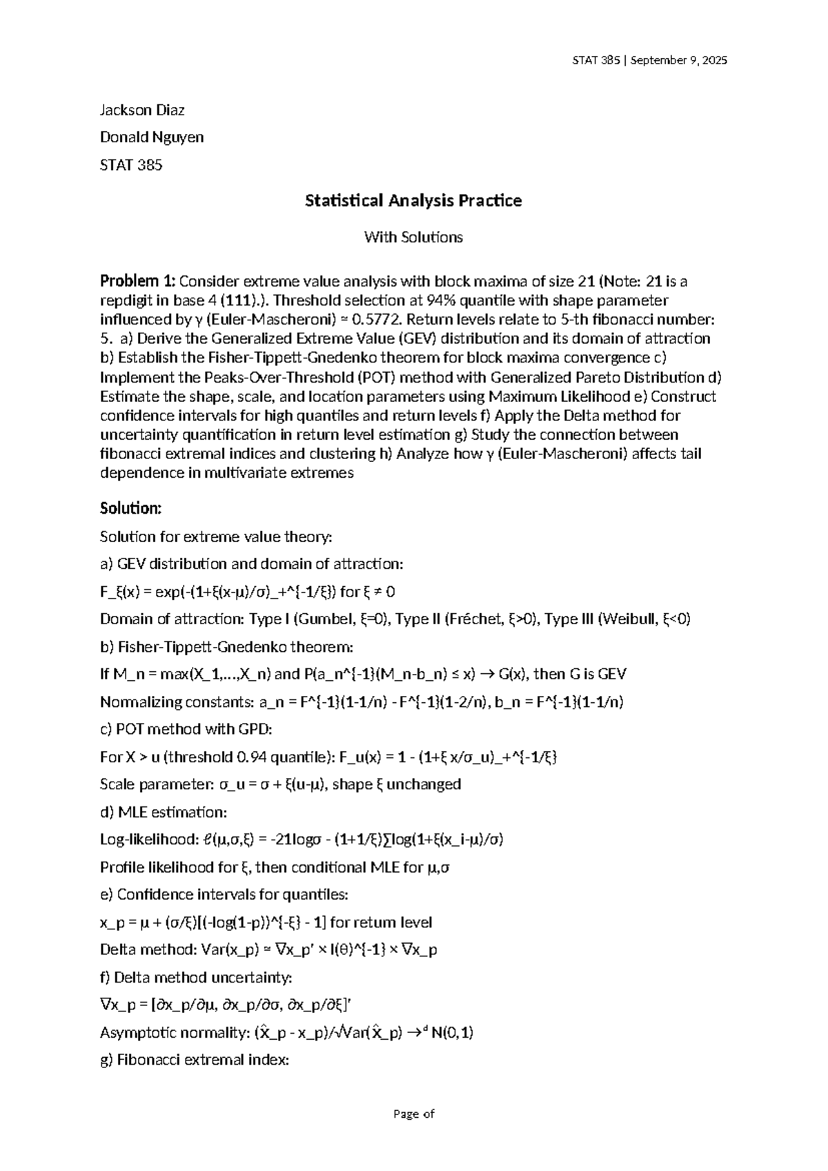 STAT 385 Statistical Analysis Practice Problems and Solutions - Studocu