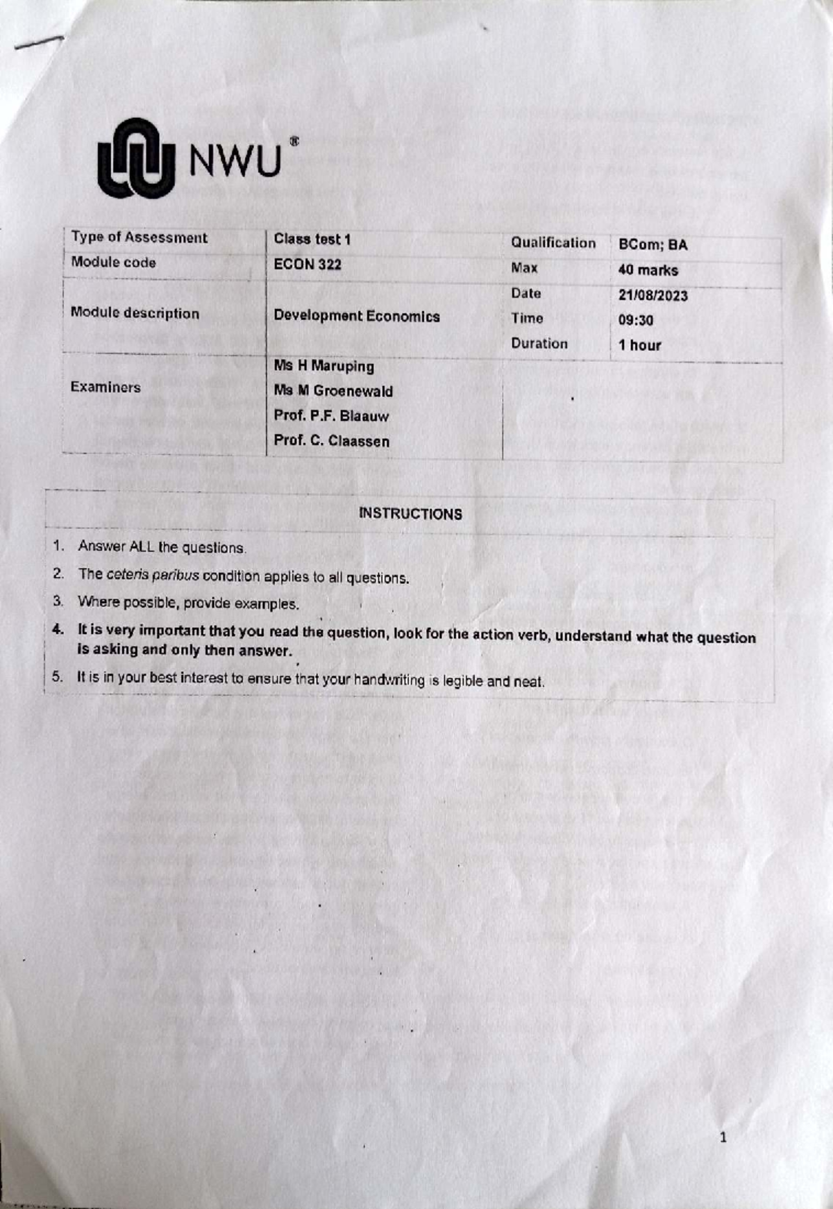 ECON 322: Development Economics Test 1 - Assessment Paper 2024 - Studocu