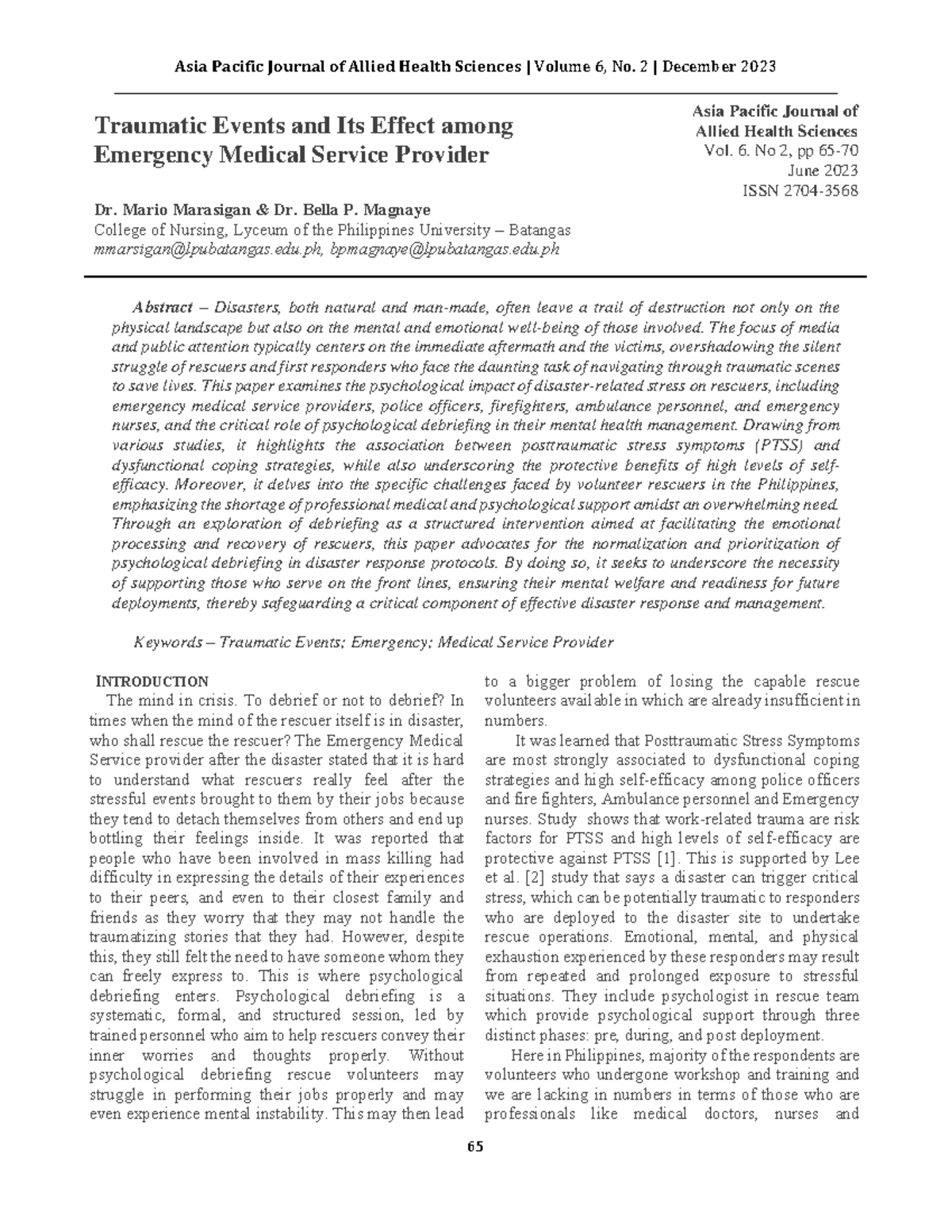 Psychological Impact of Traumatic Events on EMS Providers: APJAHS 2023 ...