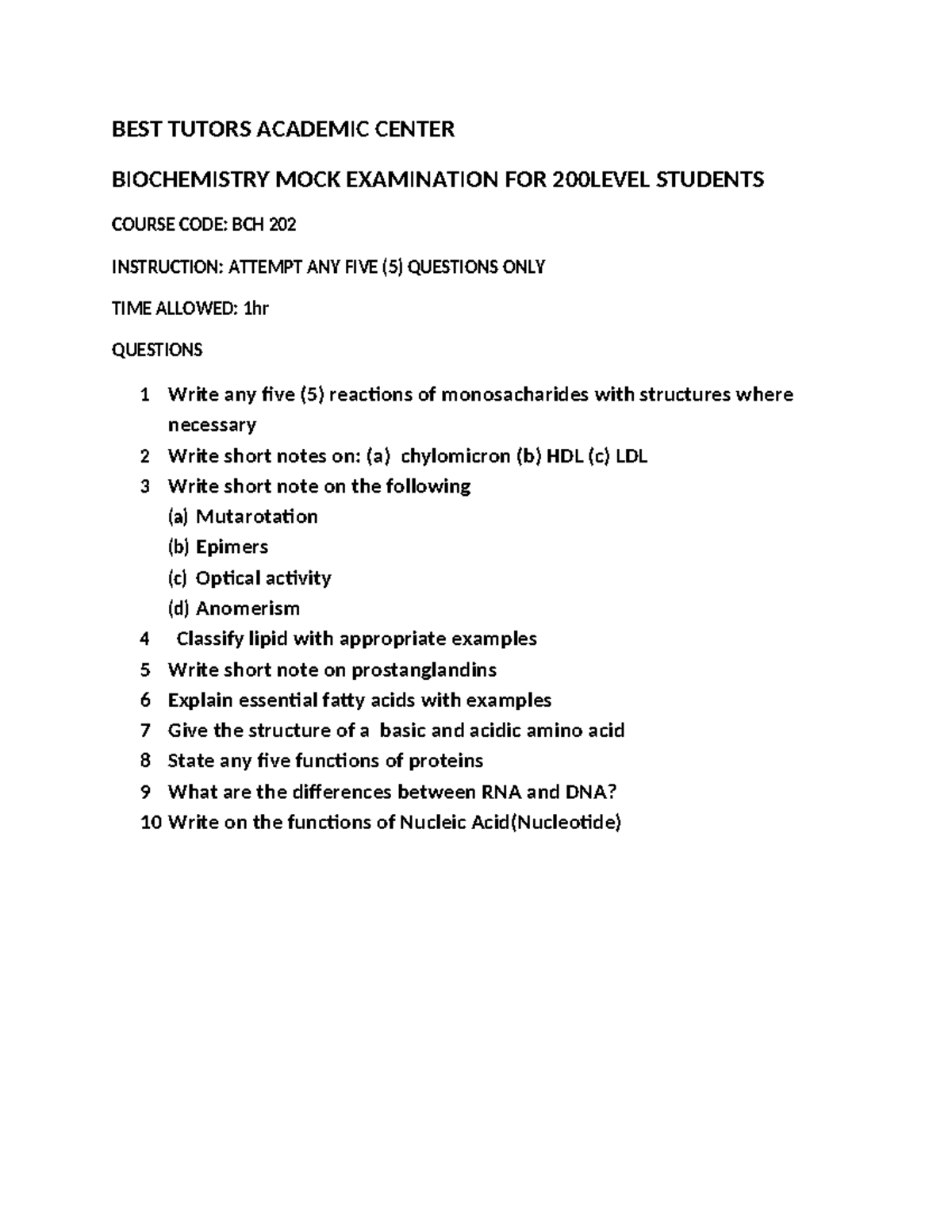 Biochemistry Mock Exam Guide - BCH 202 (200 Level) - Studocu