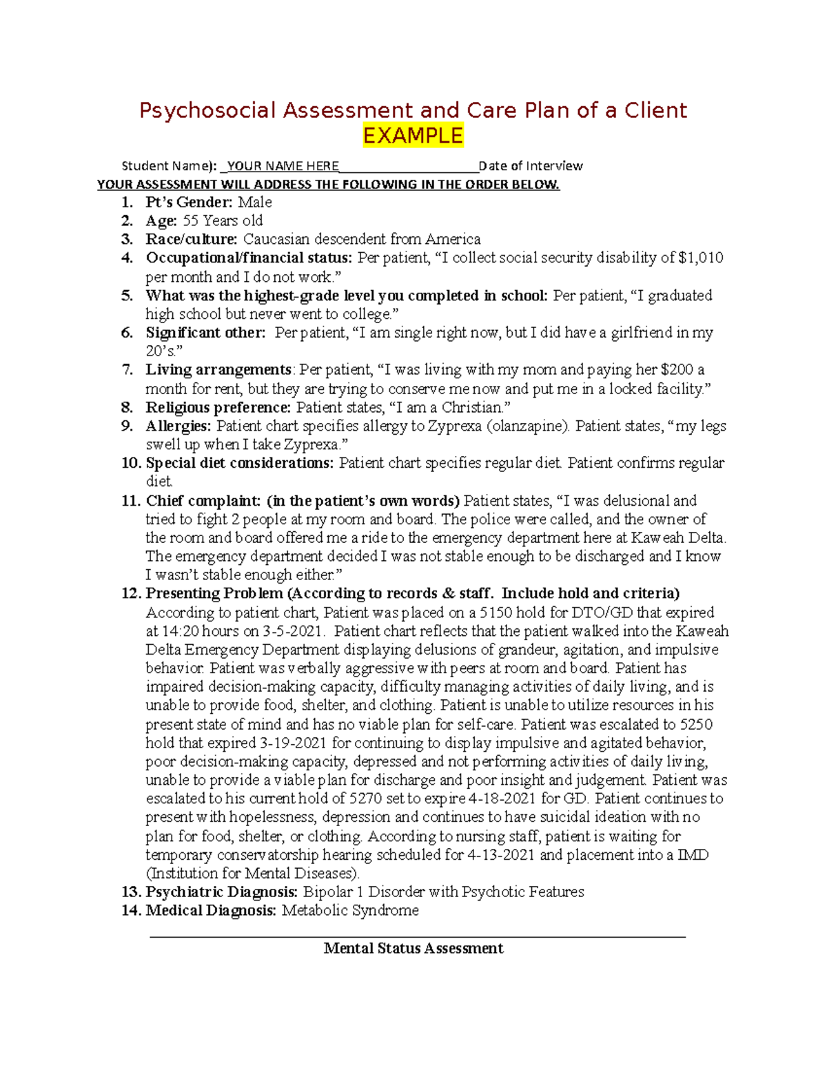 Psychosocial Assessment & Care Plan Example for Mental Health Client ...