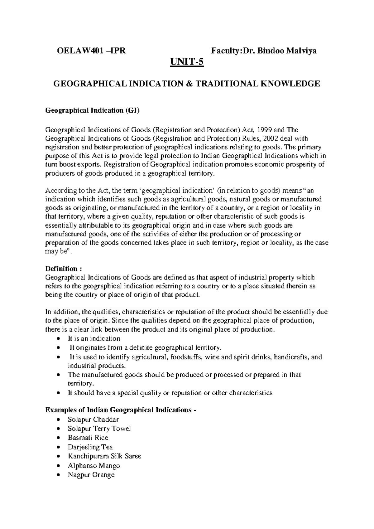 Unit 5 IPR Notes: Understanding Geographical Indications & Protection ...
