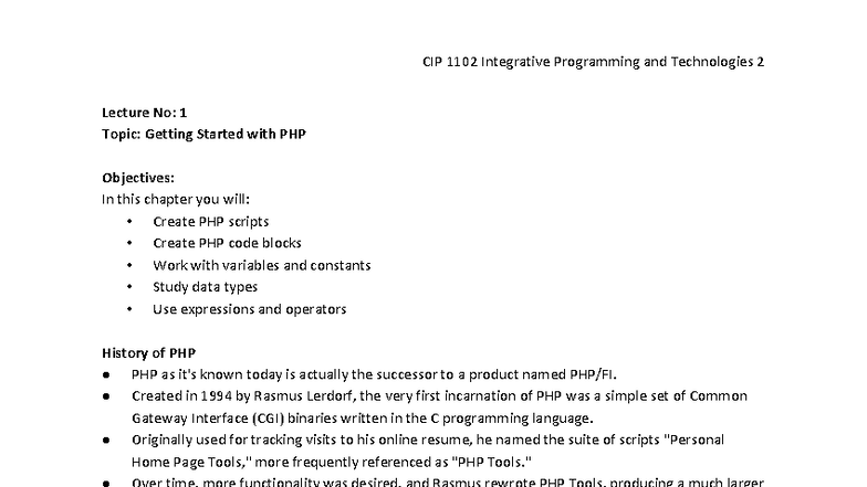 CIP 1102 Integrative Programming and Technologies 2 Lecture Notes ...
