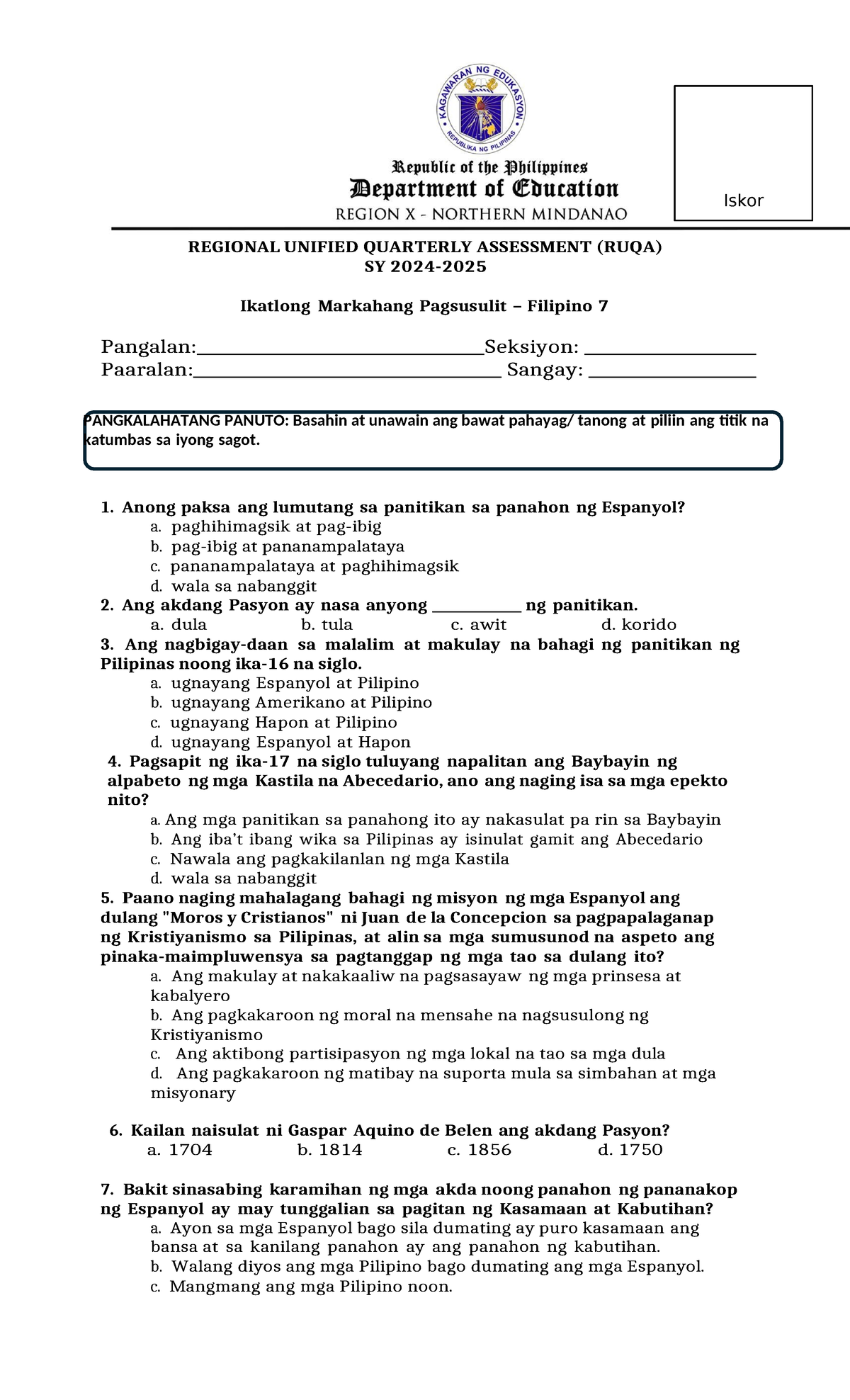 Filipino 7 RUQA Quarter 3 - PANGKALAHATANG PANUTO: Basahin at unawain ...