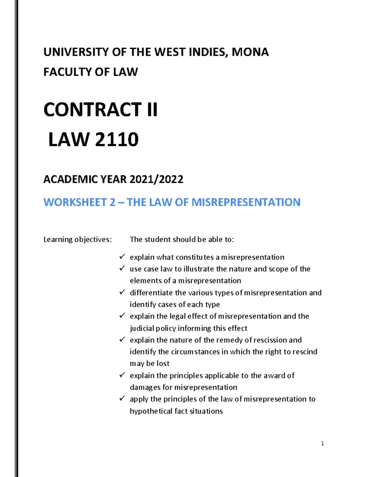 LAW 2110 Contract II: Worksheet 2 on Misrepresentation (2021) - Studocu