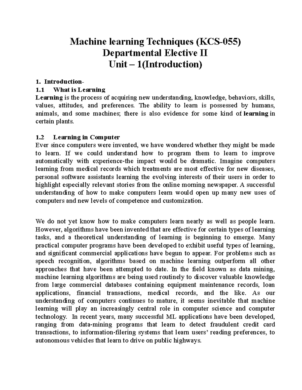 Unit-1(MLT) - Lecture notes 1 - Machine learning Techniques (KCS-055 ...