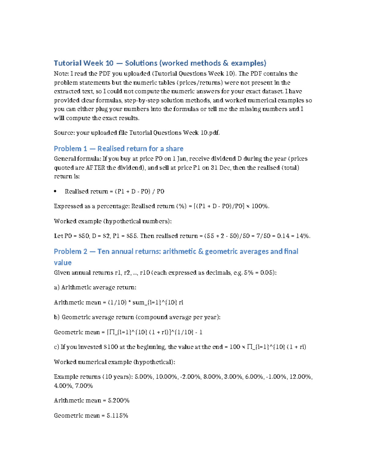 Tutorial Week 10 Solutions: Worked Examples & Methods - Studocu