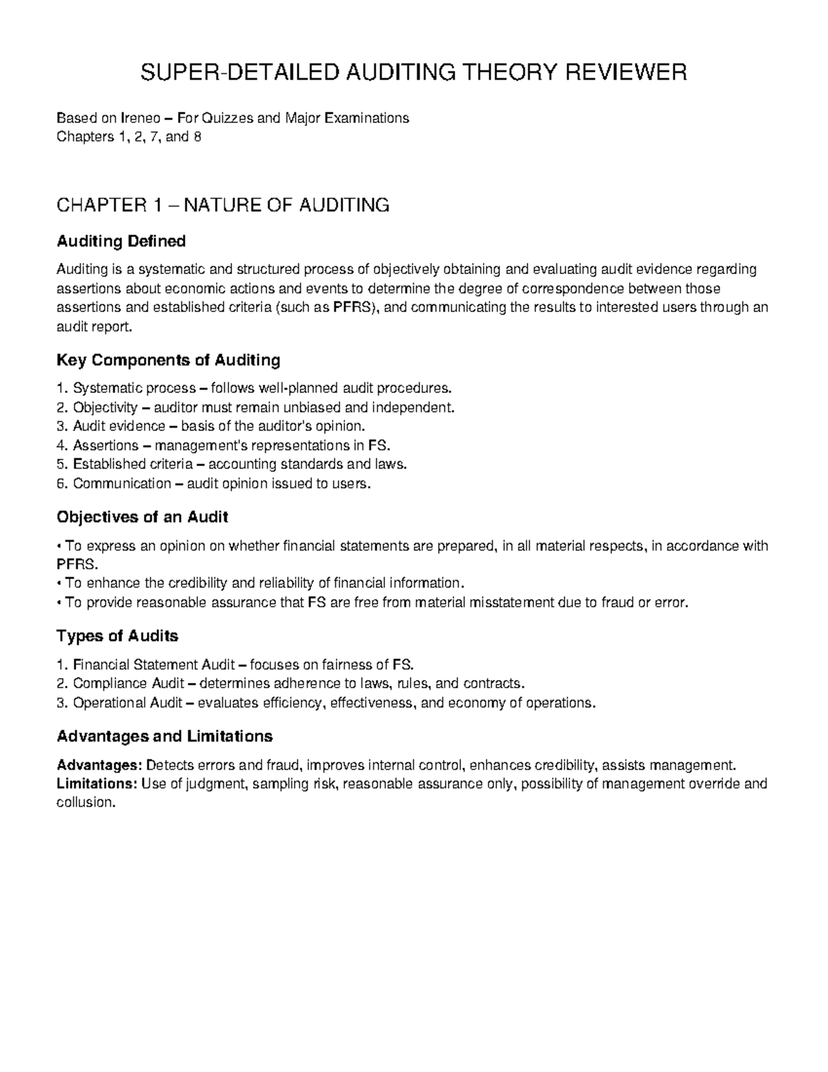 AUDITING THEORY REVIEWER (AUD 101) for Quizzes & Major Exams: Ch. 1, 2 ...