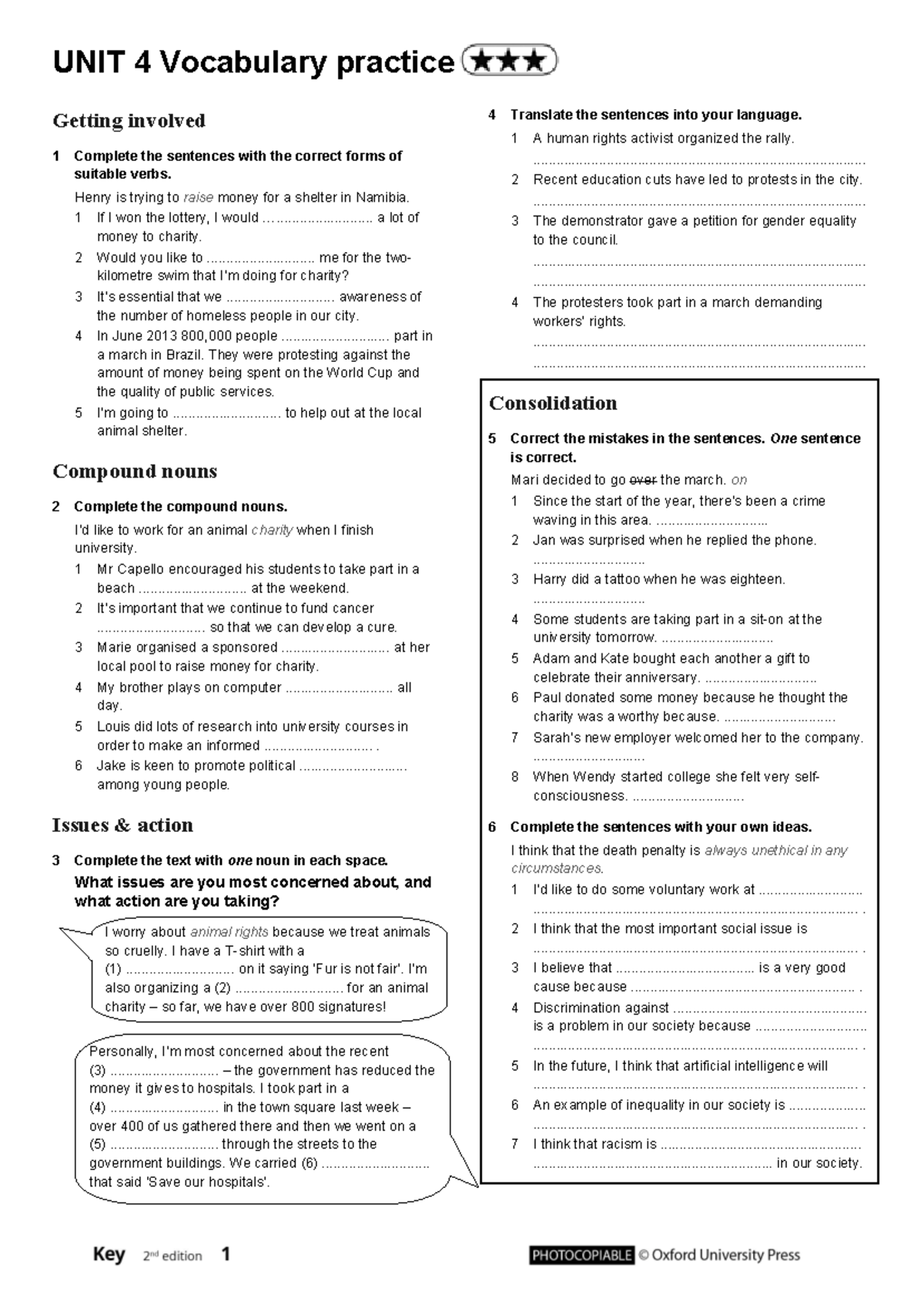 Key2e L1 Unit 4 Vocabulary Practice: Getting Involved Activities - Studocu