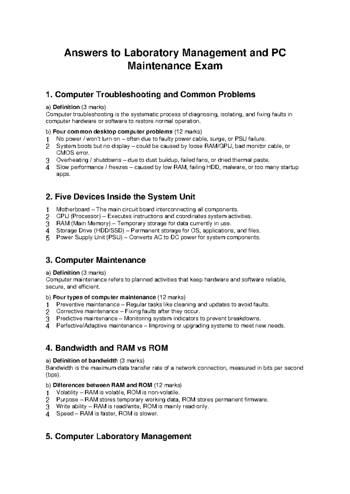 PC Maintenance Exam 1 Answers: Troubleshooting & Management - Studocu