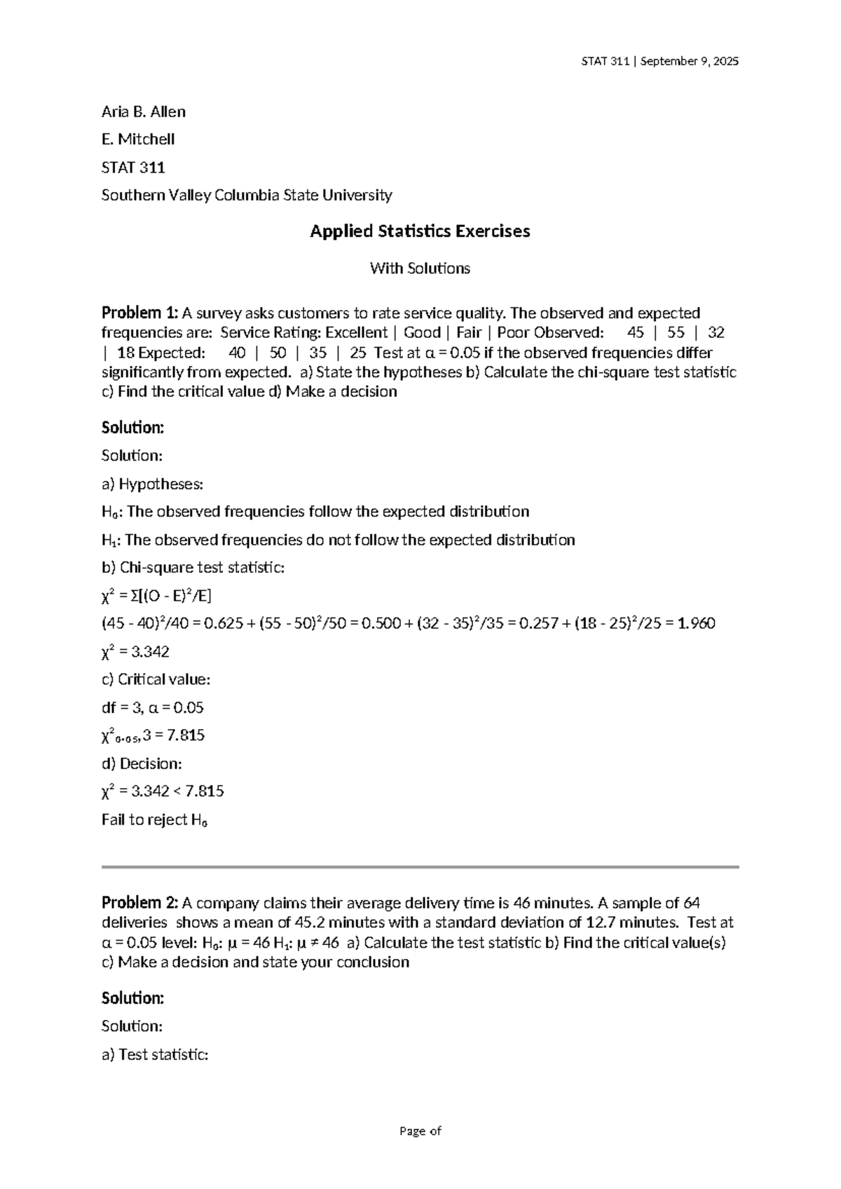 STAT 311 Applied Statistics Exercises with Solutions - Studocu