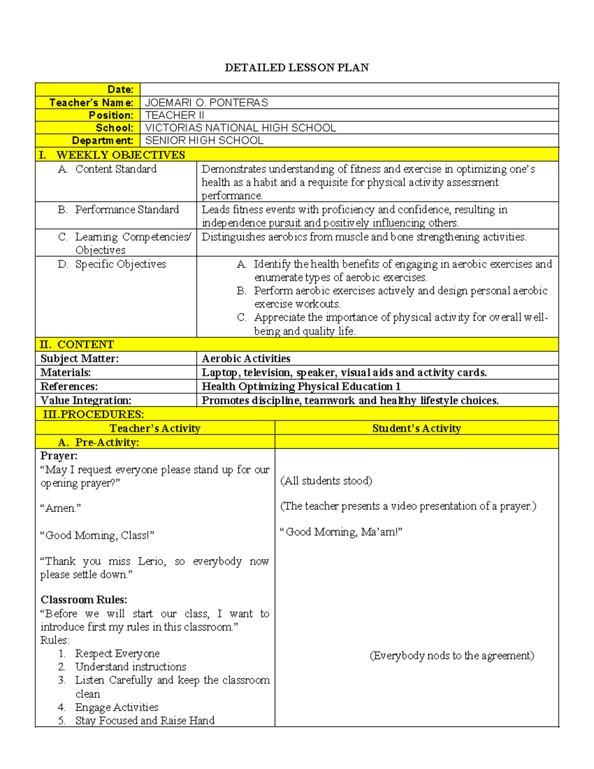 Final Detailed Lesson Plan on Aerobic Activities (PE 101) - Studocu