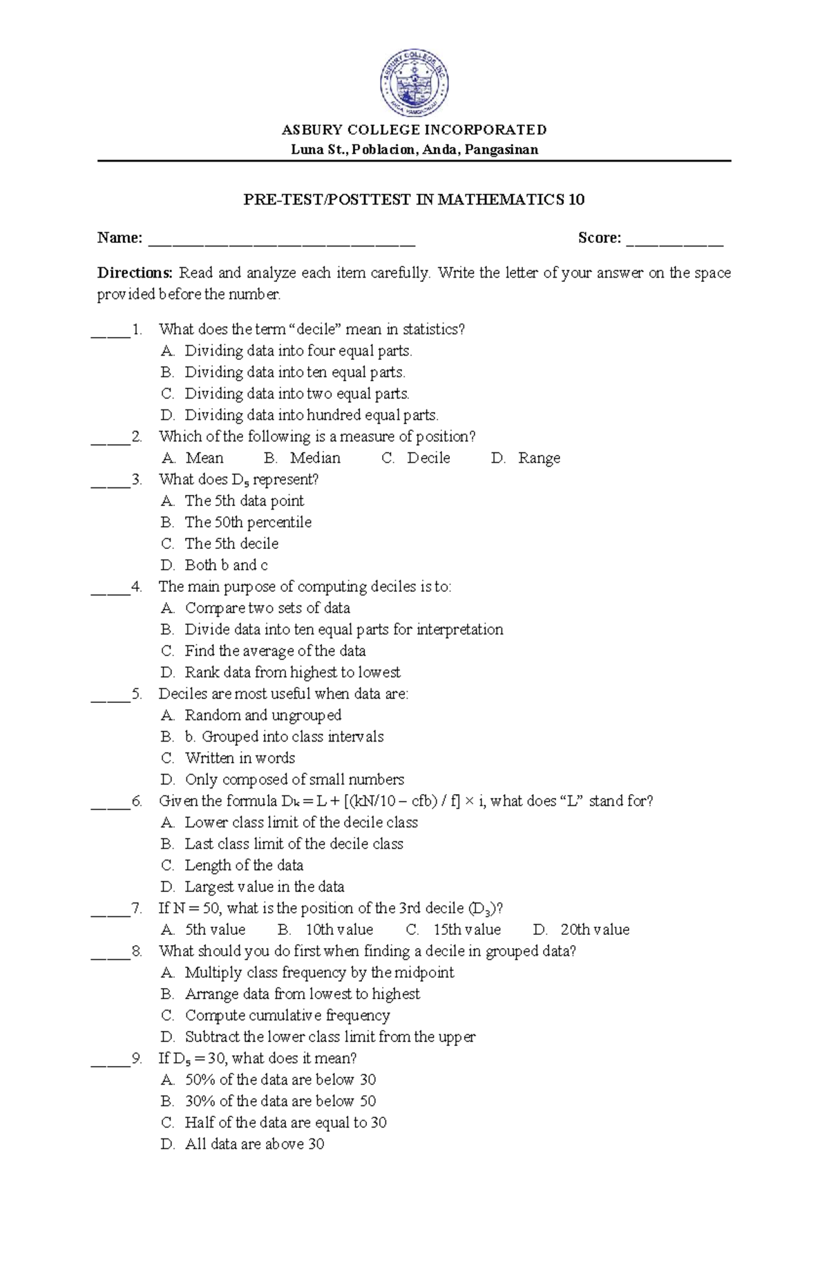 Grade 10 Math Quiz: Understanding Deciles in Statistics - Studocu
