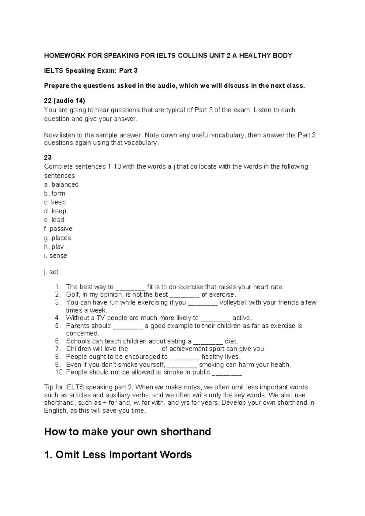 Homework for IELTS Speaking (Collins Unit 2) & Vocabulary (Unit 5 ...