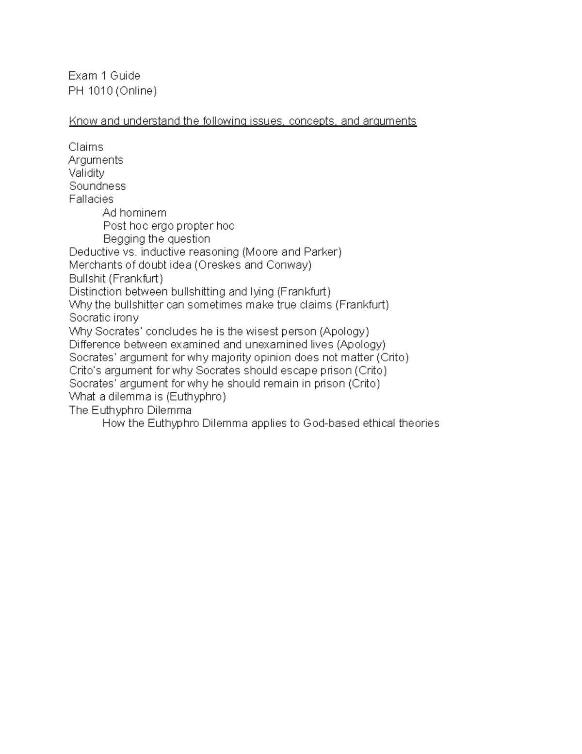 Exam 1 Study Guide for PH 1010 (Online): Key Concepts & Arguments - Studocu