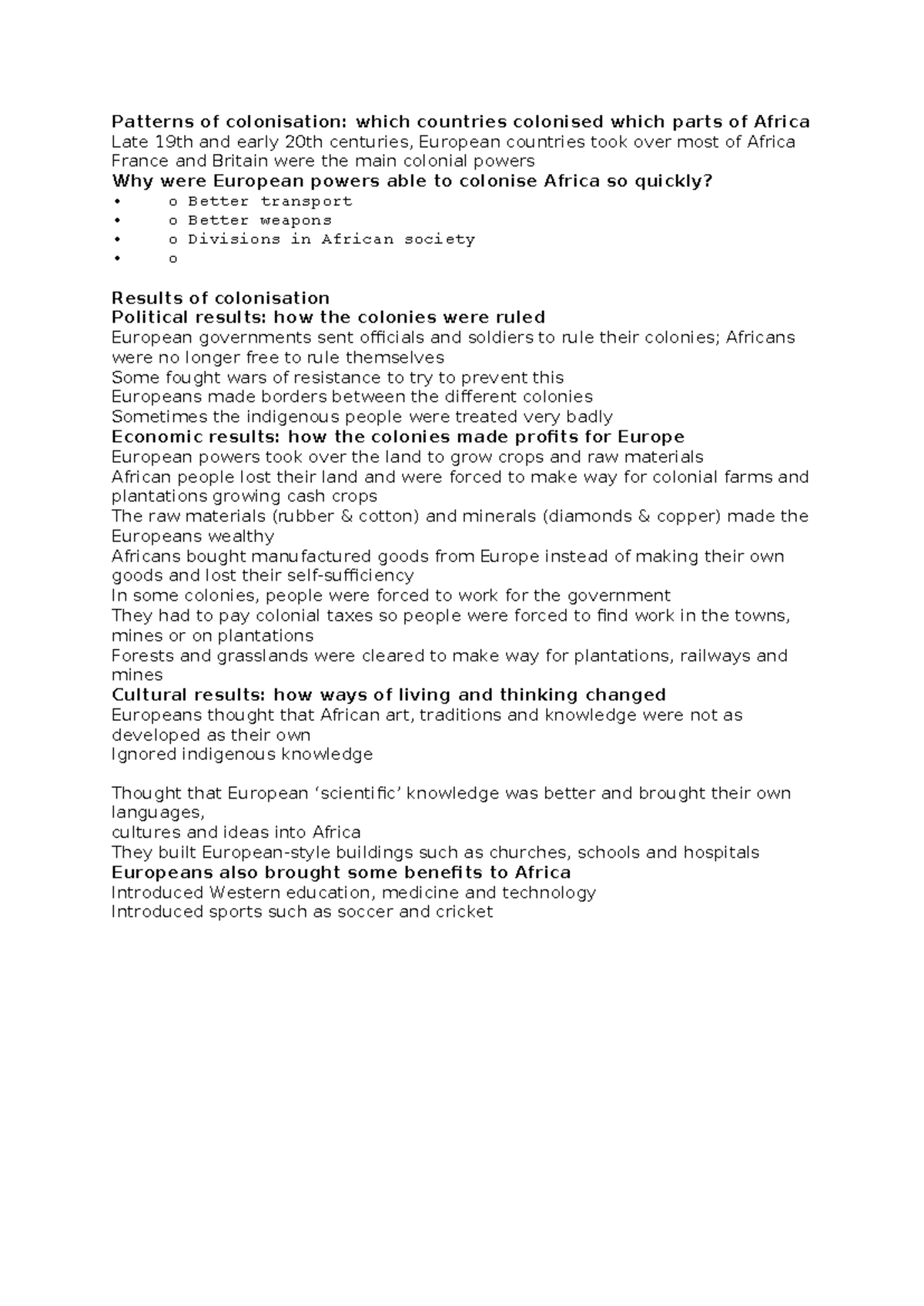 Patterns of Colonisation in Africa: Key Notes for G8 Studies - Studocu