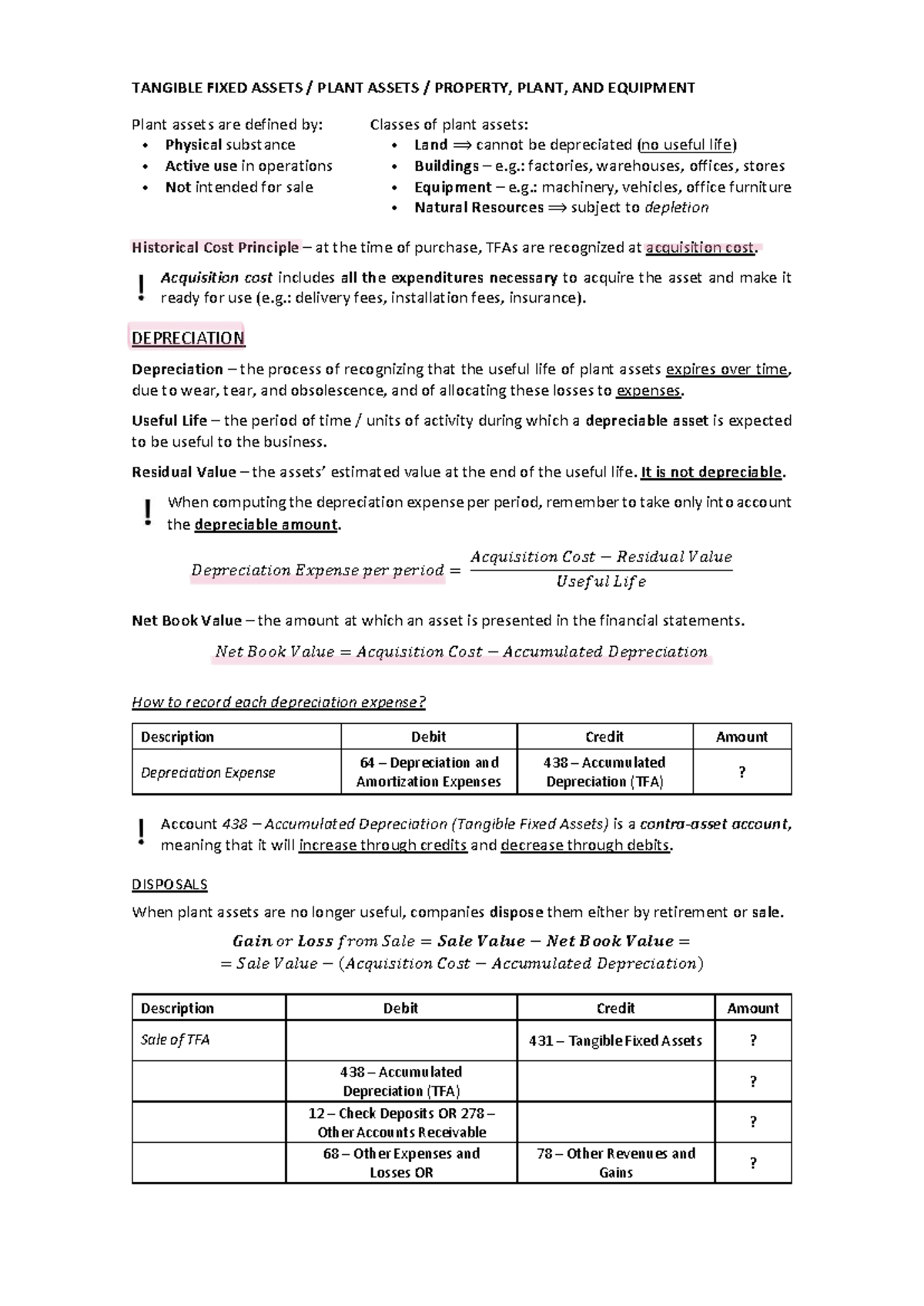 TFA 101: Summary of Tangible Fixed Assets and Depreciation - Studocu