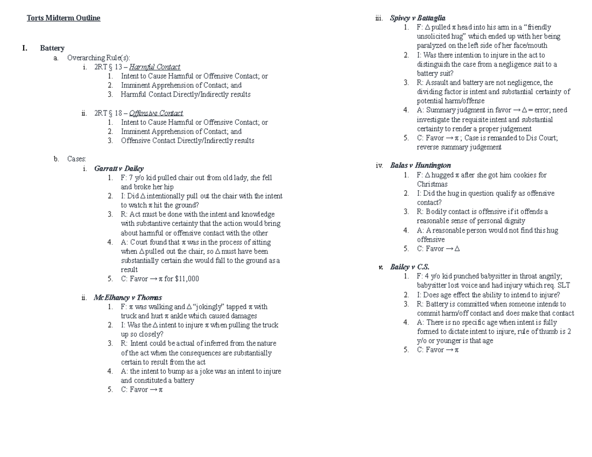 Torts Midterm Exam Outline – Key Concepts and Case Summaries - Studocu