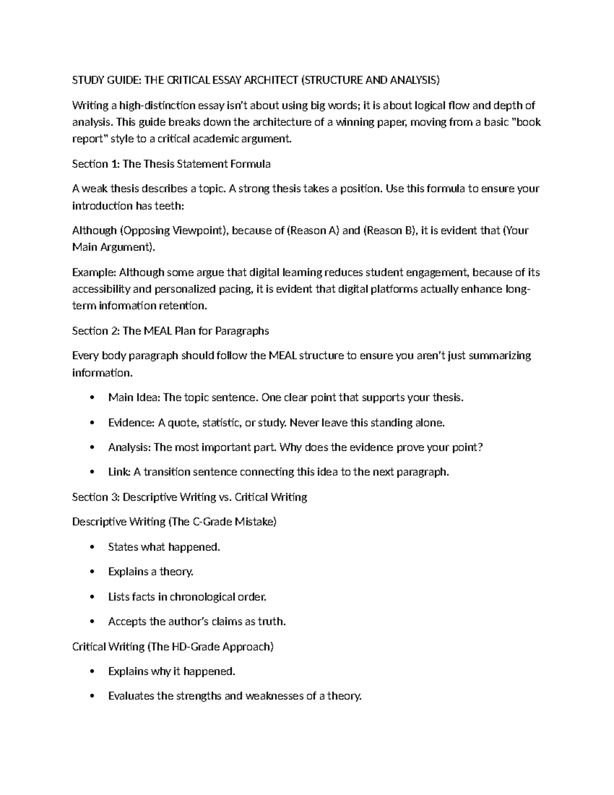 STUDY GUIDE: CRITICAL ESSAY ARCHITECTURE (STRUCTURE & ANALYSIS) - Studocu