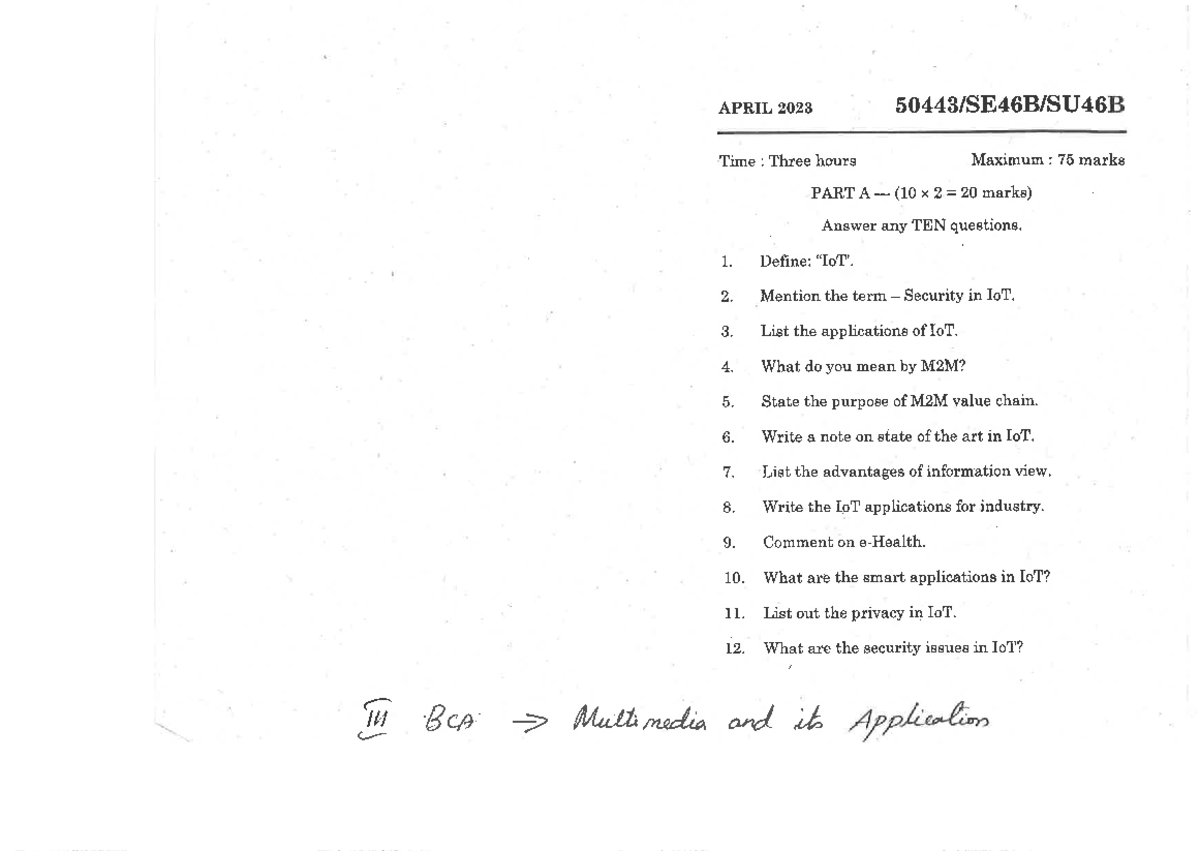 SU46B IOT - April 2023 Previous Year Question Paper Analysis - Studocu