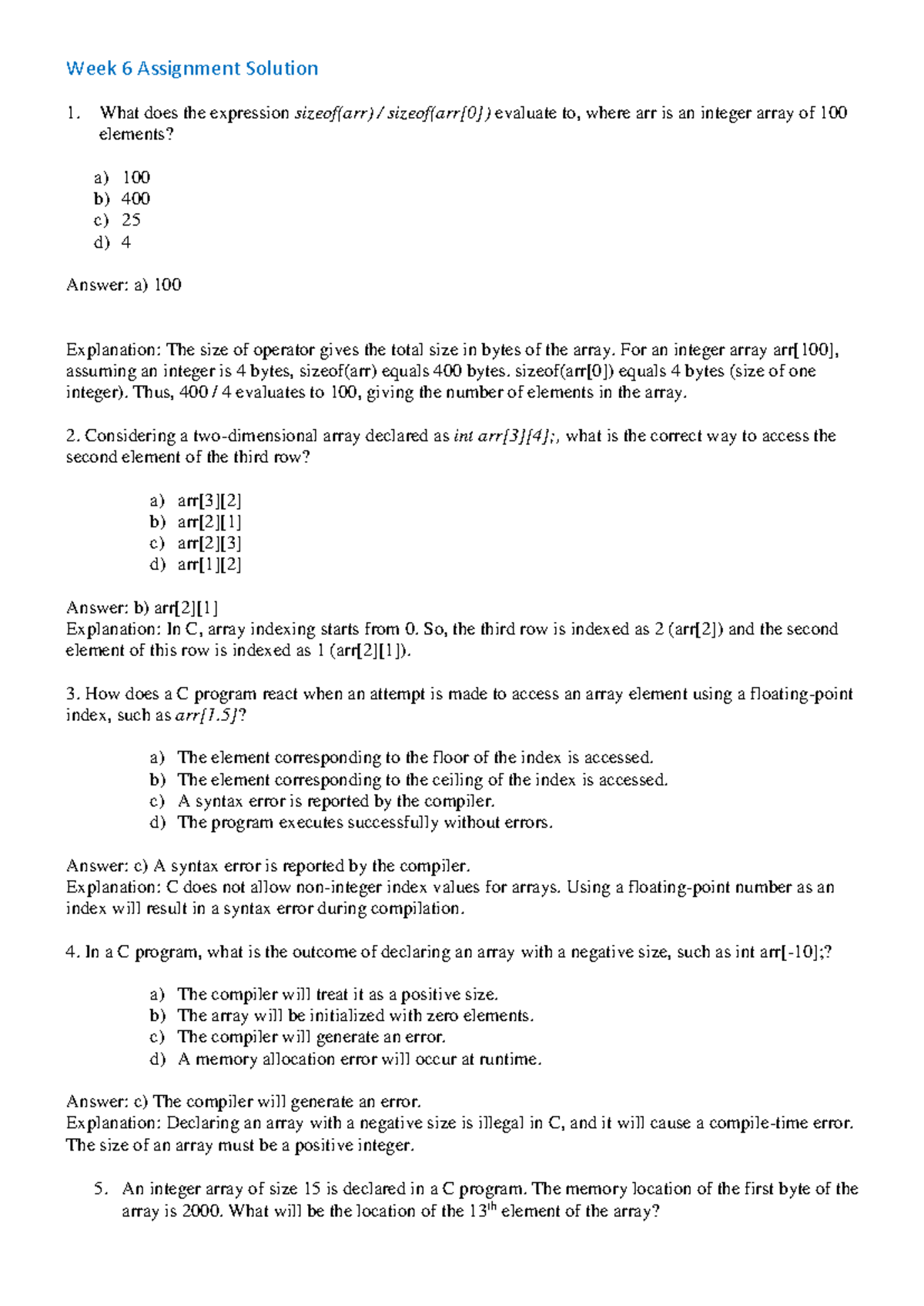 Week 6 Assignment Solution - Week 6 Assignment Solution What does the expression sizeof(arr ...