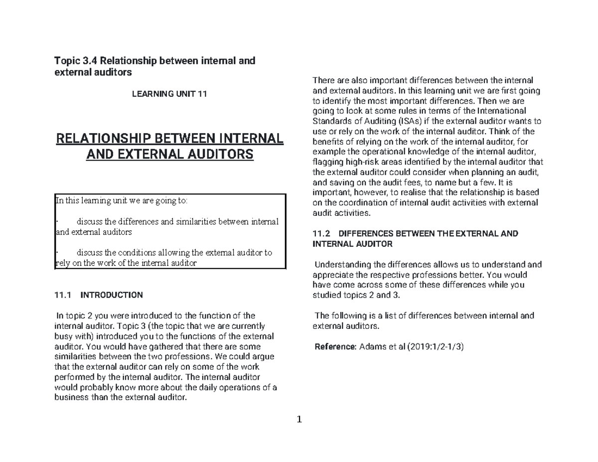 Internal and External Auditors: Key Differences and Functions (Unit 11) - Studocu
