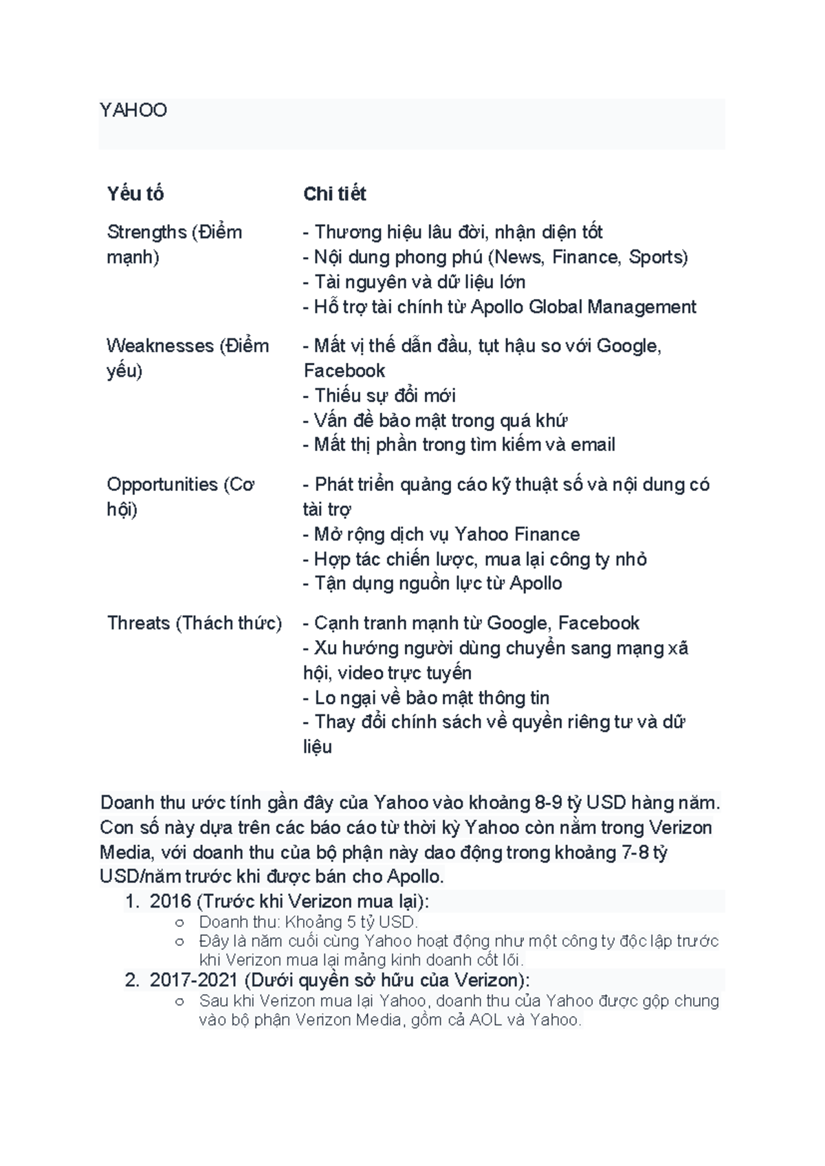 Phân Tích SWOT về Yahoo: Điểm Mạnh, Yếu, Cơ Hội và Thách Thức - Studocu