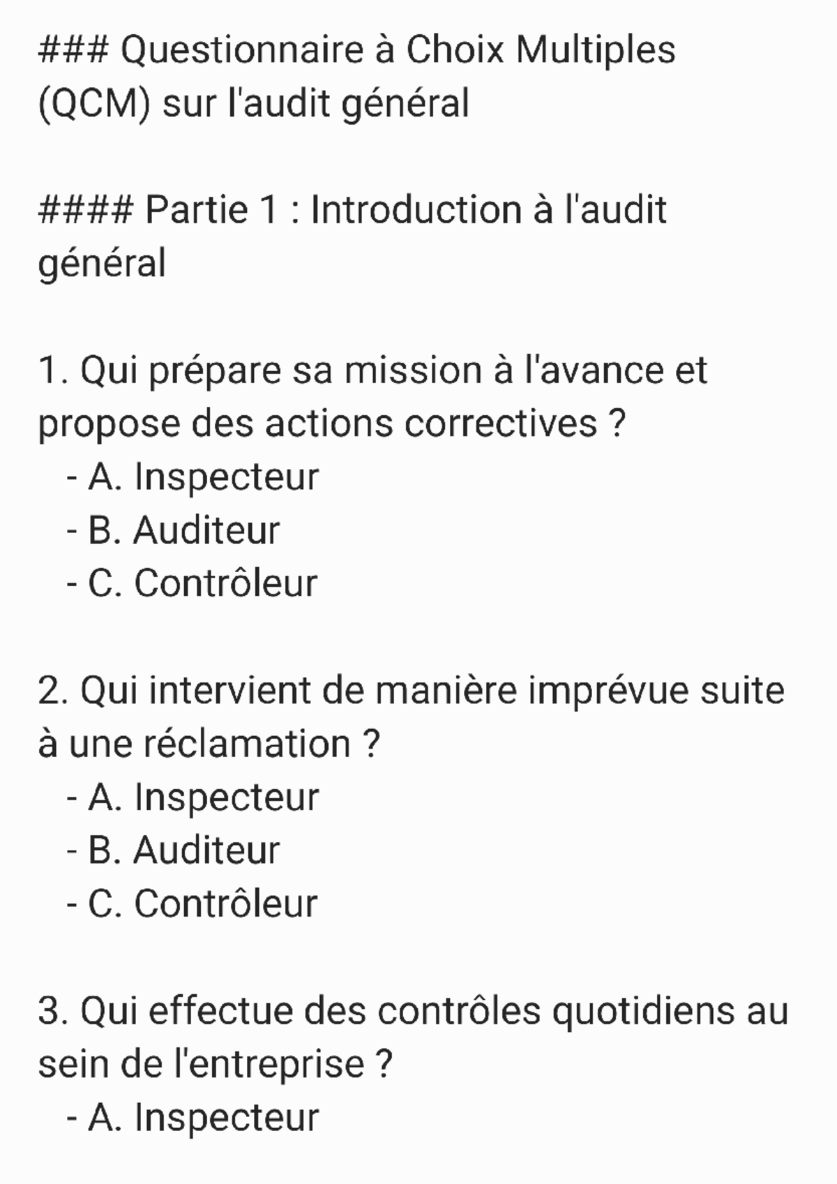 QCM sur l'Audit - Gestion des Entreprises (GEB 101) - Studocu