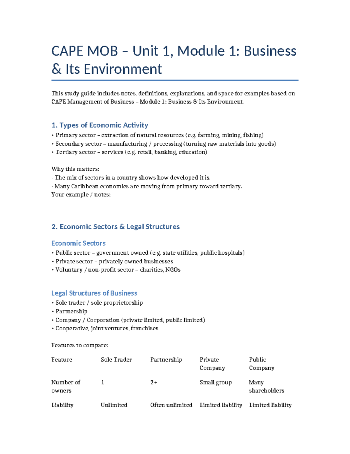 CAPE MOB Unit 1 Study Guide: Business Environment Insights - Studocu