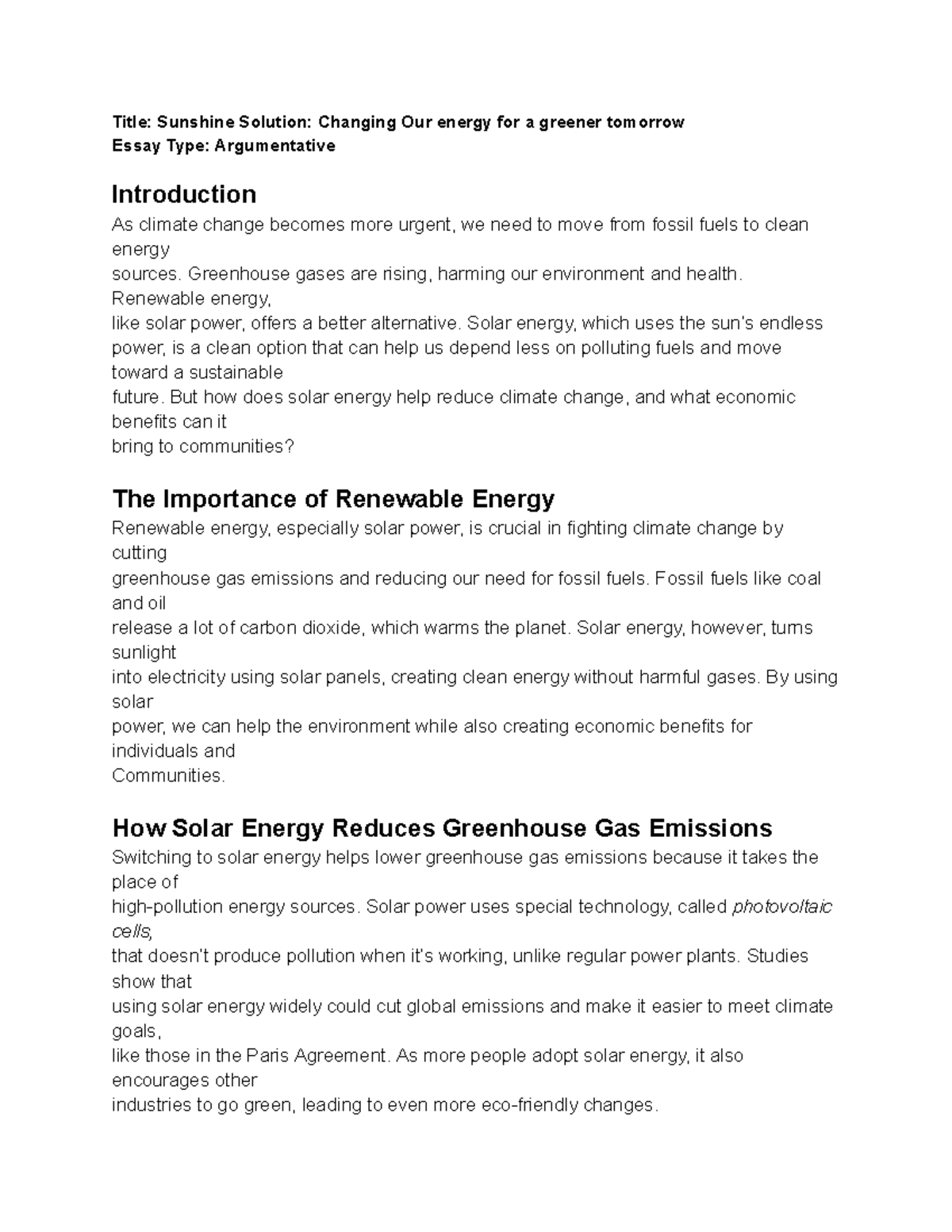 Title: ENVS 101: Argumentative Essay on Solar Energy for a Greener ...
