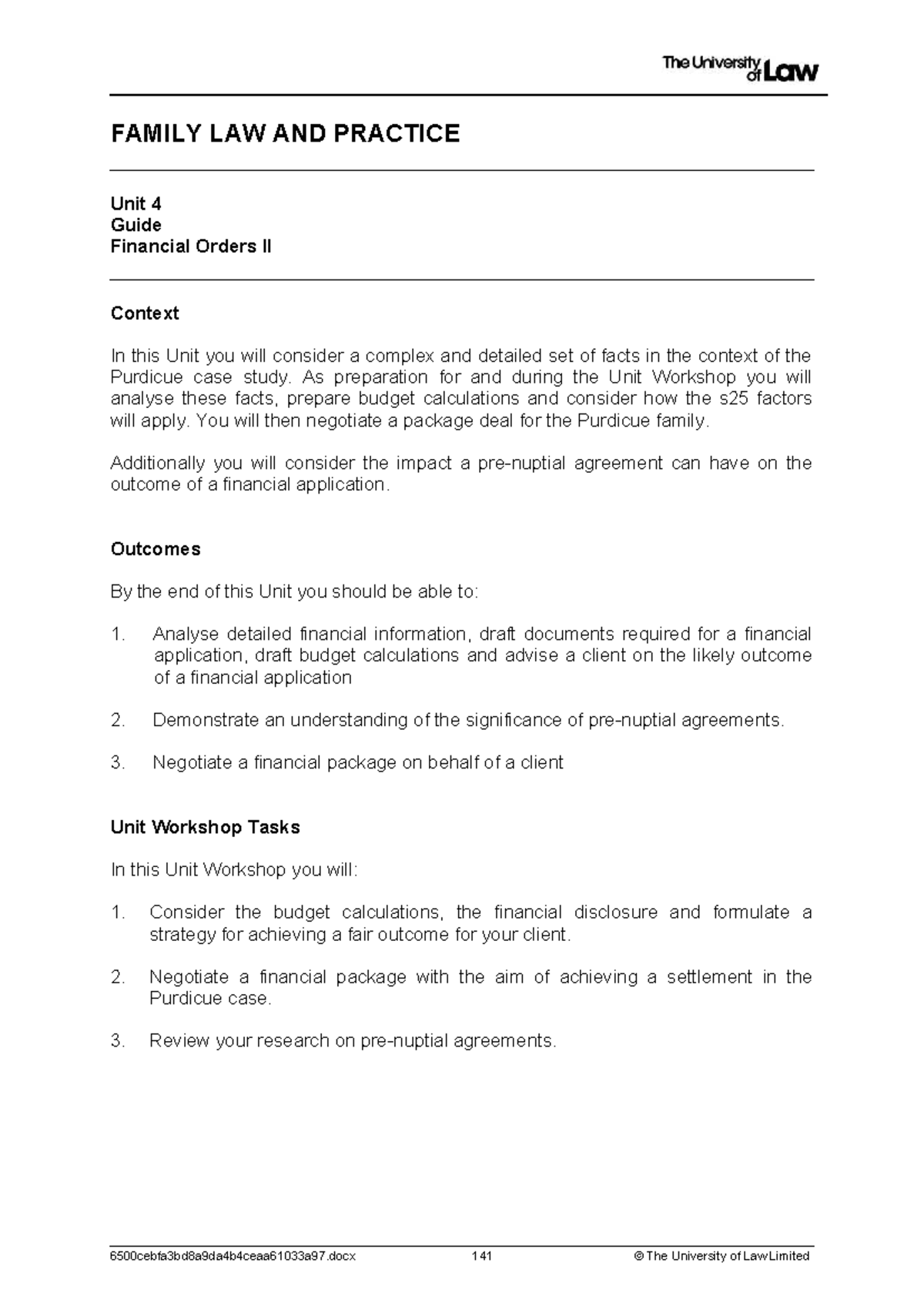 FAMILY LAW AND PRACTICE Unit 4 Workshop Guide: Financial Orders II ...