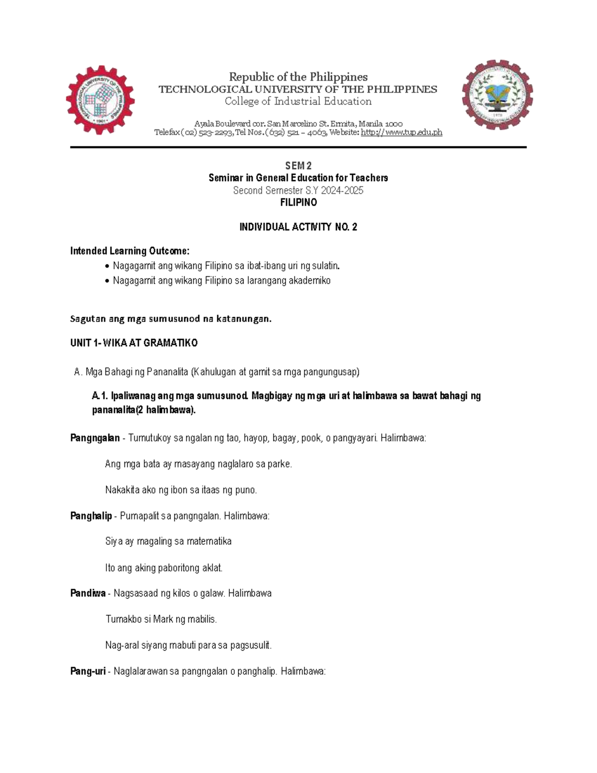 Written Activity NO. 2 (Filipino) eman - Republic of the Philippines TECHNOLOGICAL UNIVERSITY OF ...