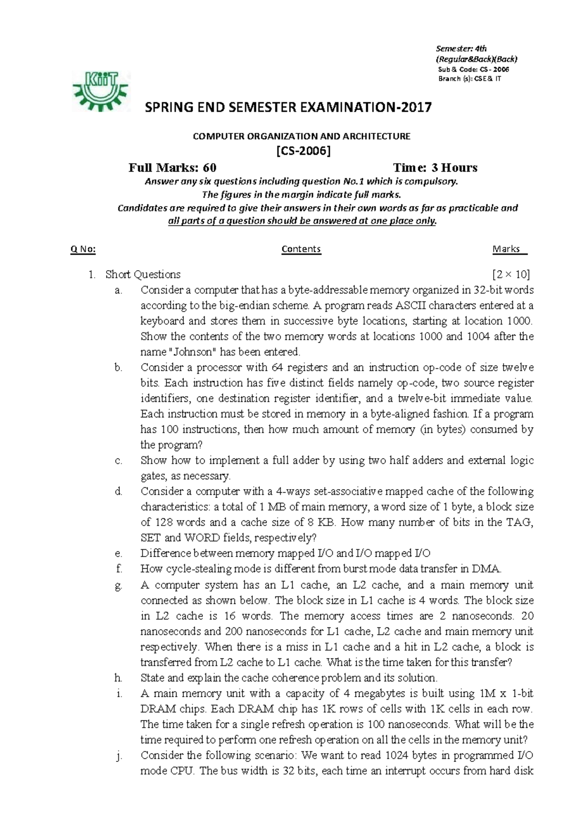 2017 END-REGU COA Question - SPRING END SEMESTER EXAMINATION- COMPUTER ...