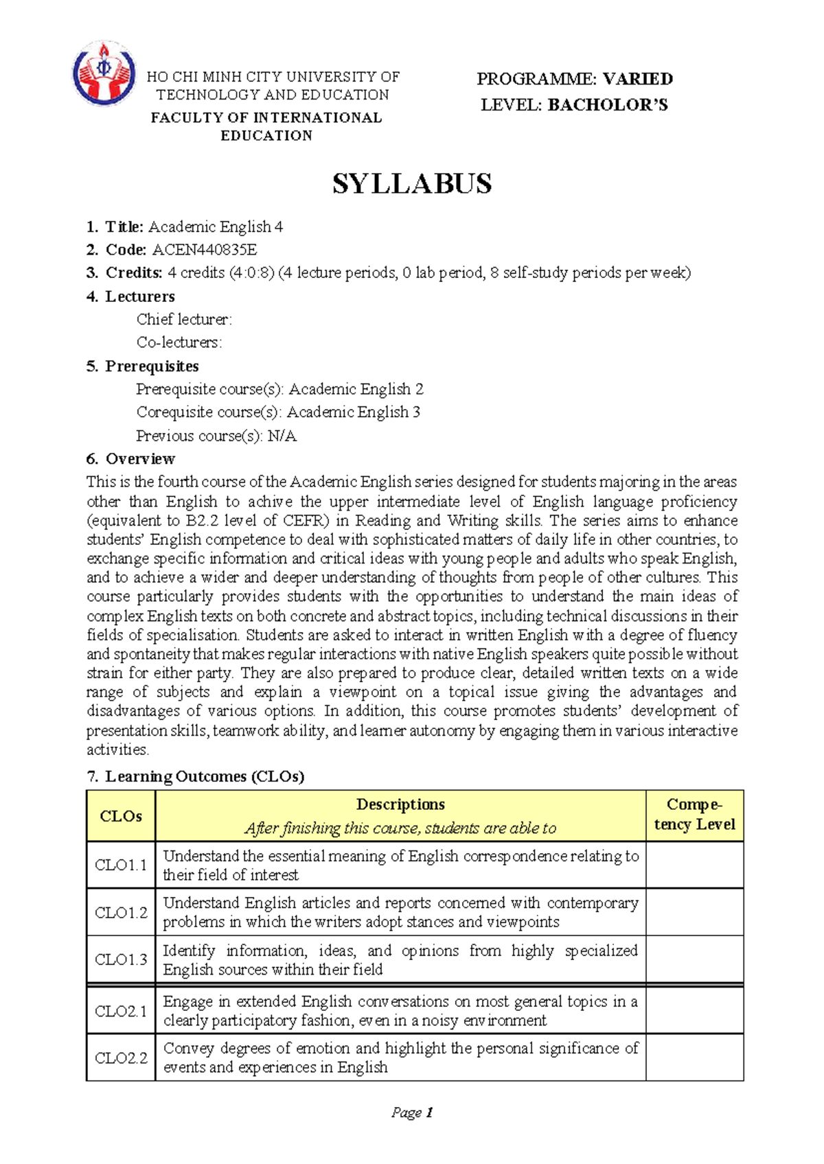 ACEN440835E: Academic English 4 Syllabus and Course Overview - Studocu