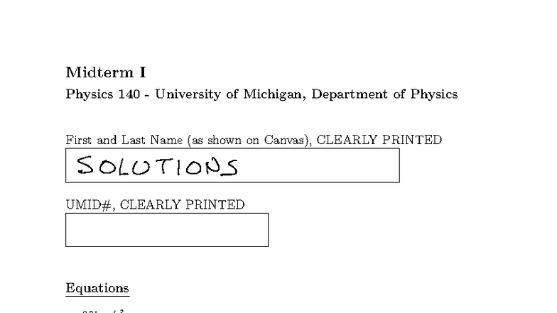 F23 Midterm I Solutions for Physics 140 at University of Michigan - Studocu