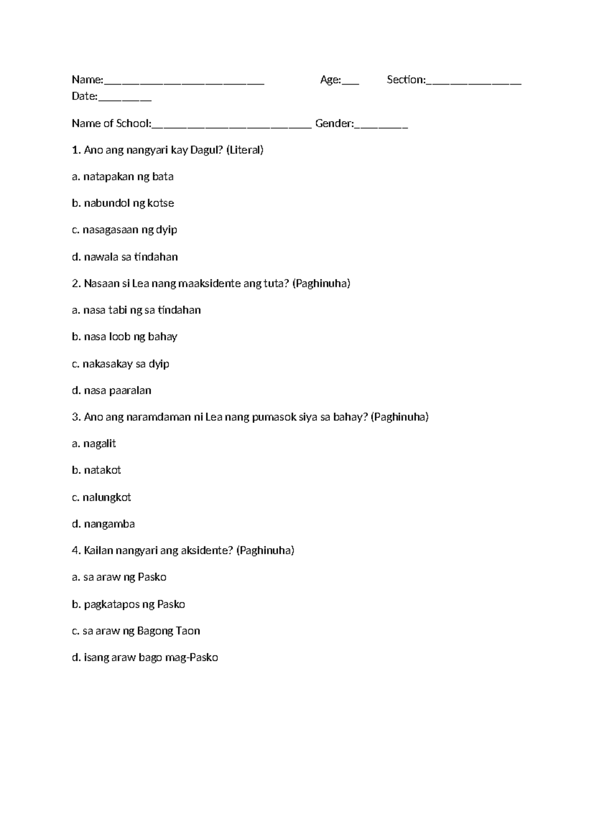 Quiz on reading comprehension and inferential questions for grade 5 ...