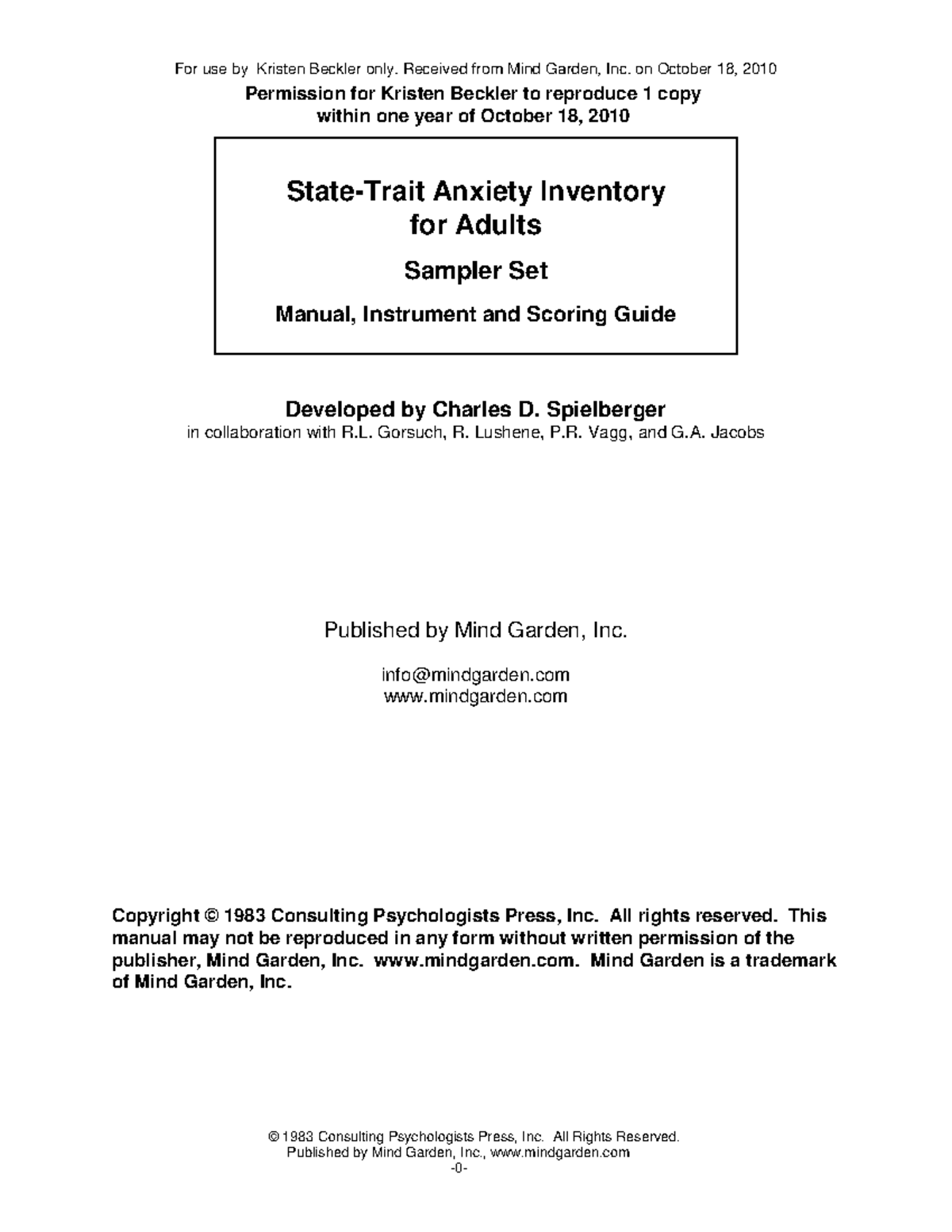 STAI Inventory Manual: Anxiety Assessment Guide for Adults - Studocu