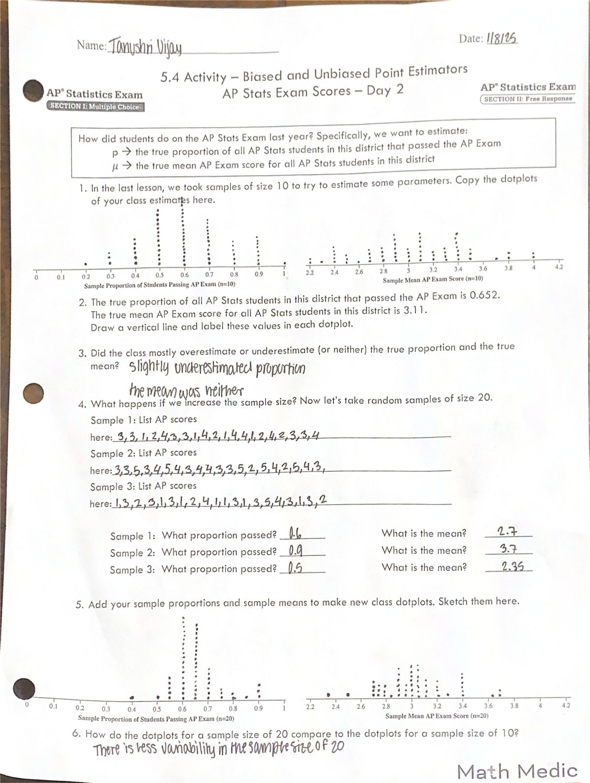 5.4 Activity: Exploring Biased and Unbiased Point Estimators in AP ...