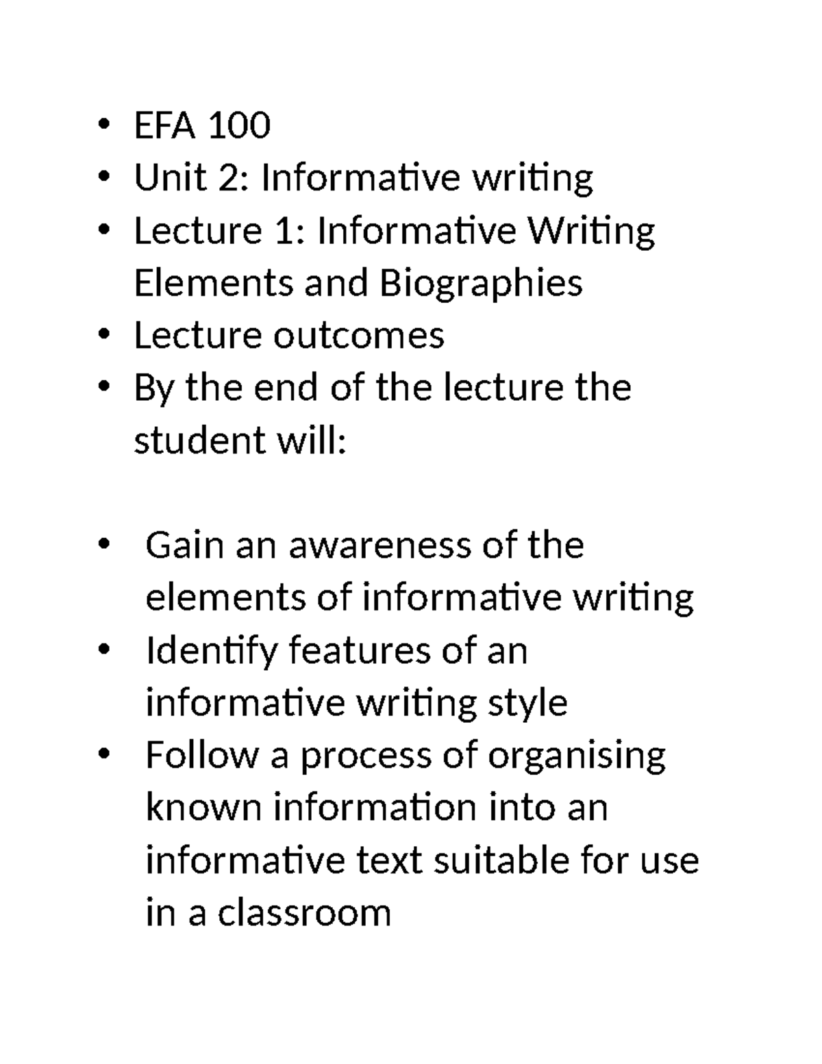 EFA 100 Unit 2: Lecture 1 Handout on Informative Writing Elements - Studocu