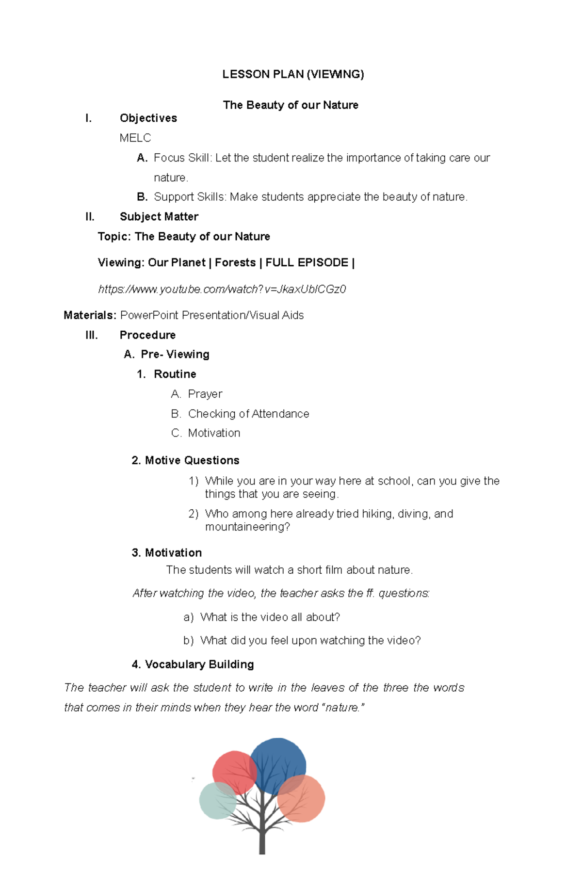 Lesson Plan- Viewing - LESSON PLAN (VIEWING) The Beauty of our Nature I ...