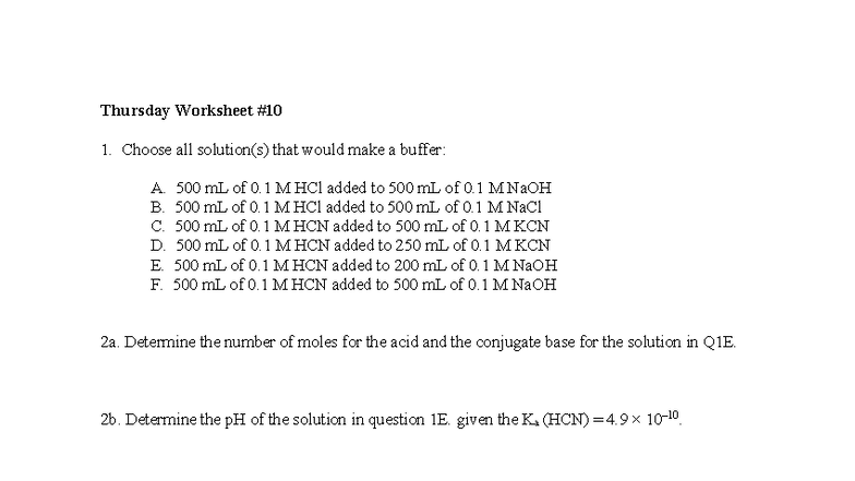 Thursday Worksheet 10 F25: Buffer Solutions & pH Calculations - Studocu