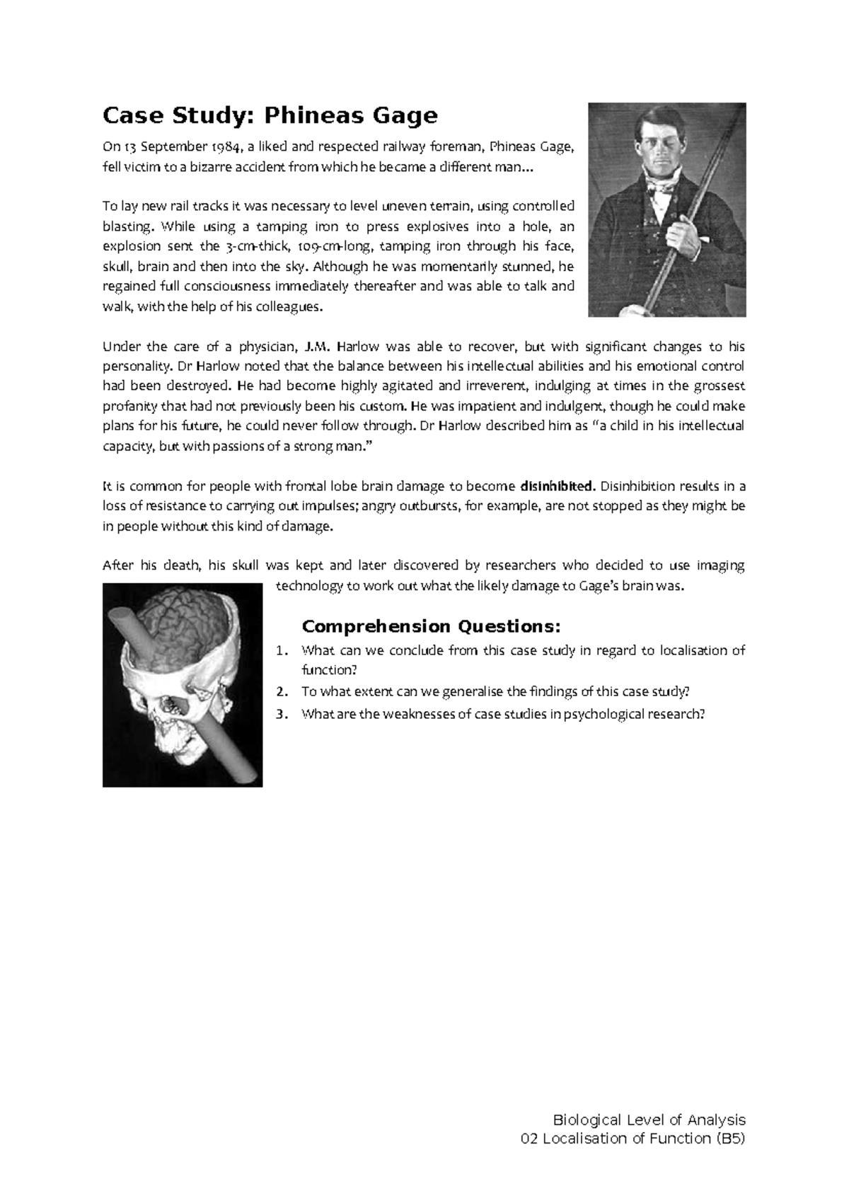 Case Study: Phineas Gage and Localisation of Function (B5) - Studocu