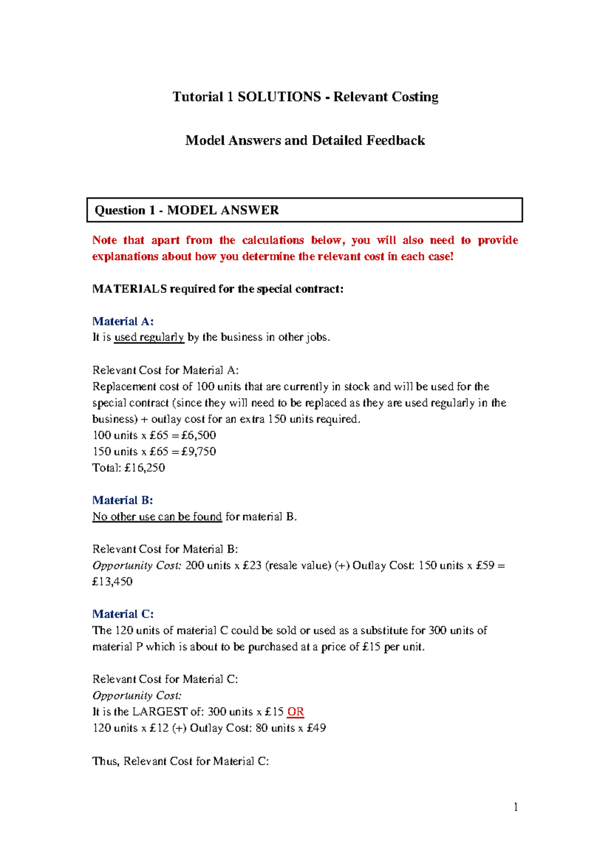 Tutorial 1 Solutions: Relevant Costing Model Analysis and Feedback ...